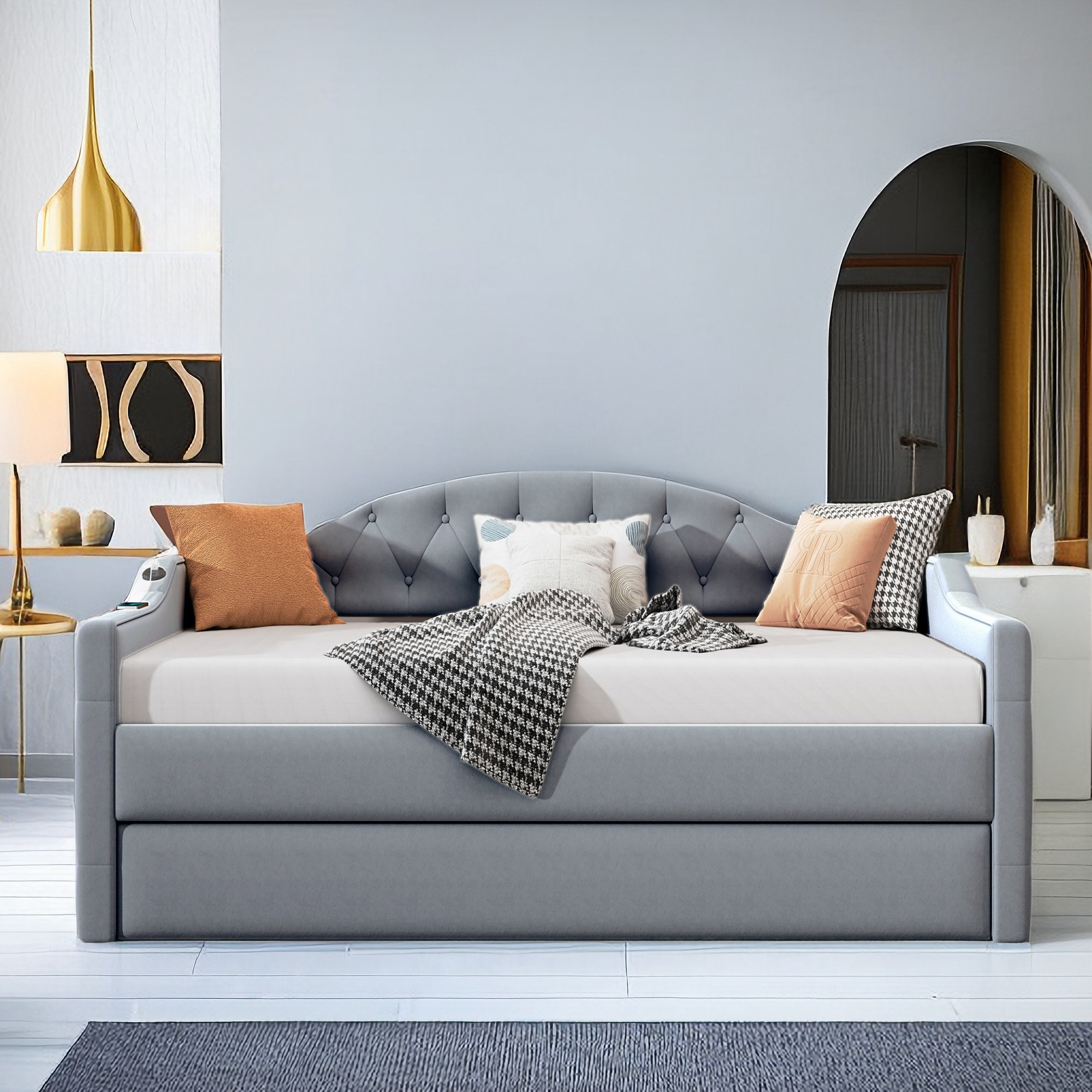 House of Hampton® Hereld Tufted Upholstered Daybed with Trundle, USB ...