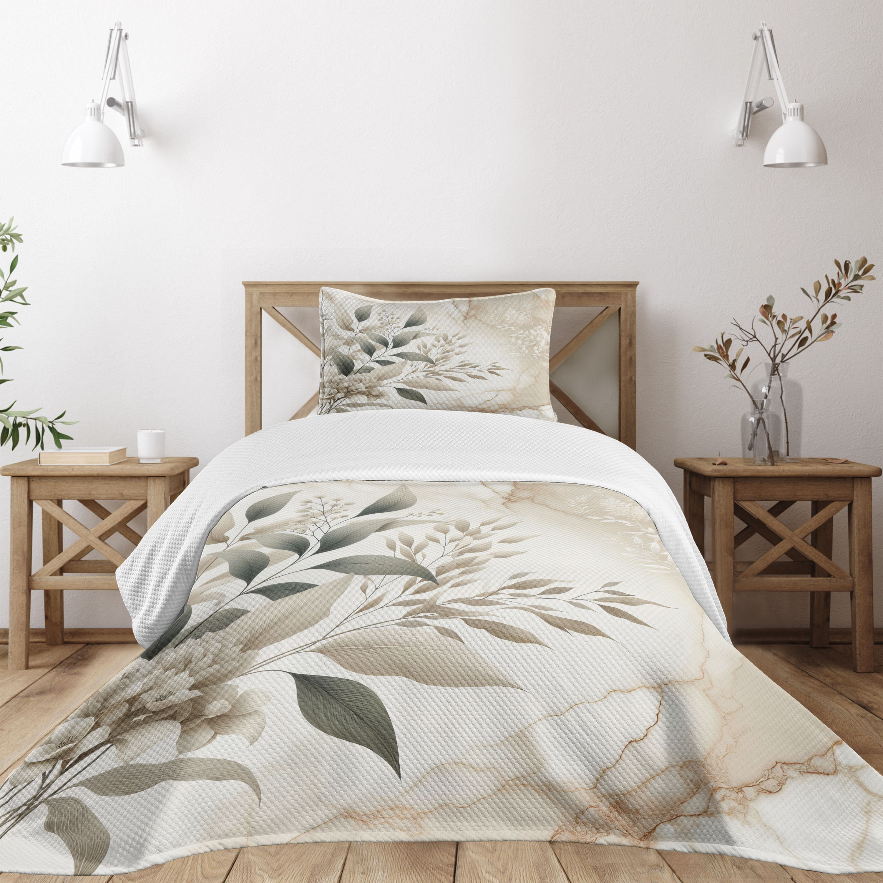 Ambesonne Neutral Bedspread Set Leaves on Marble Background Sepia and ...