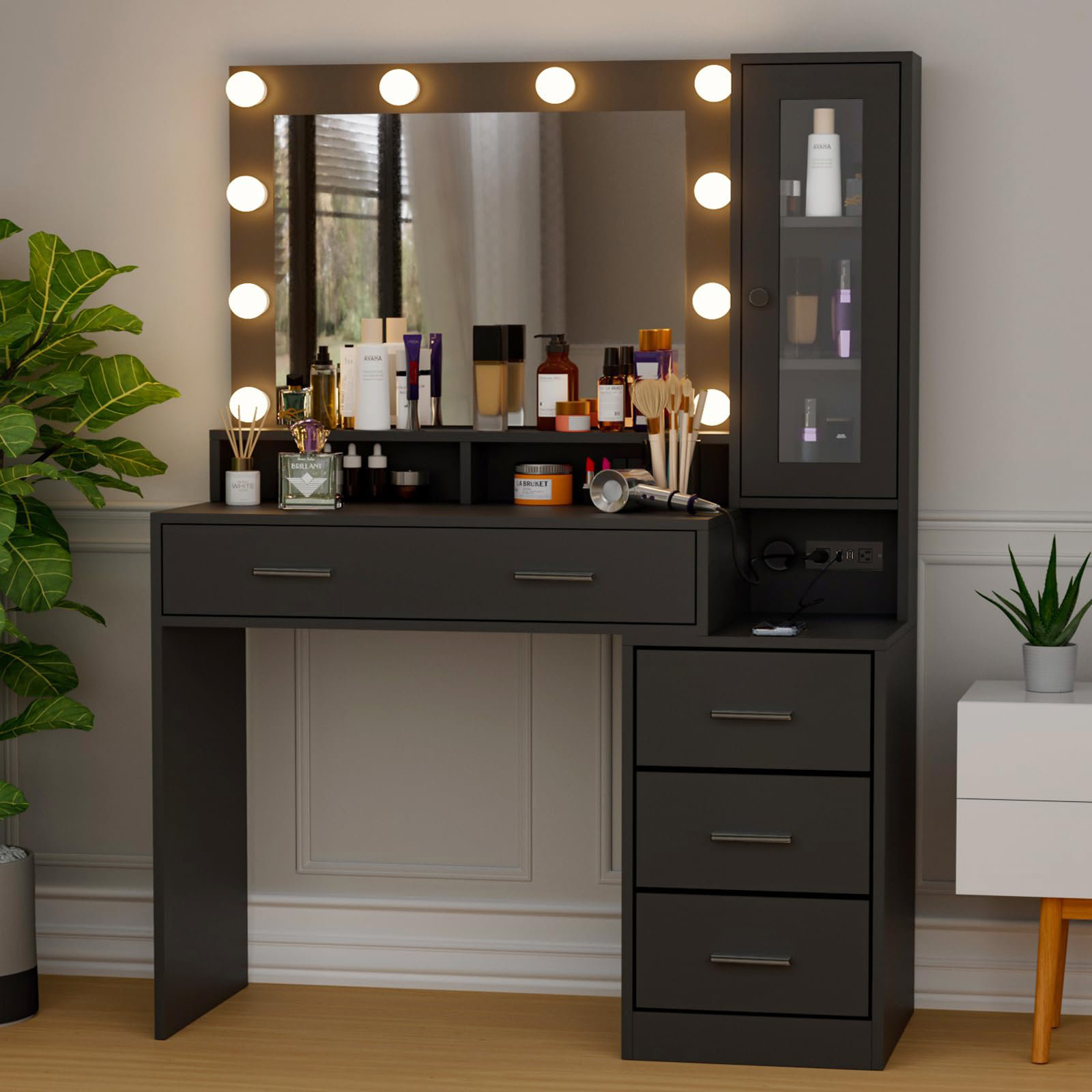 Brayden Studio Berkel Dressing Table With Lights, 5 Drawers, Cabinet ...