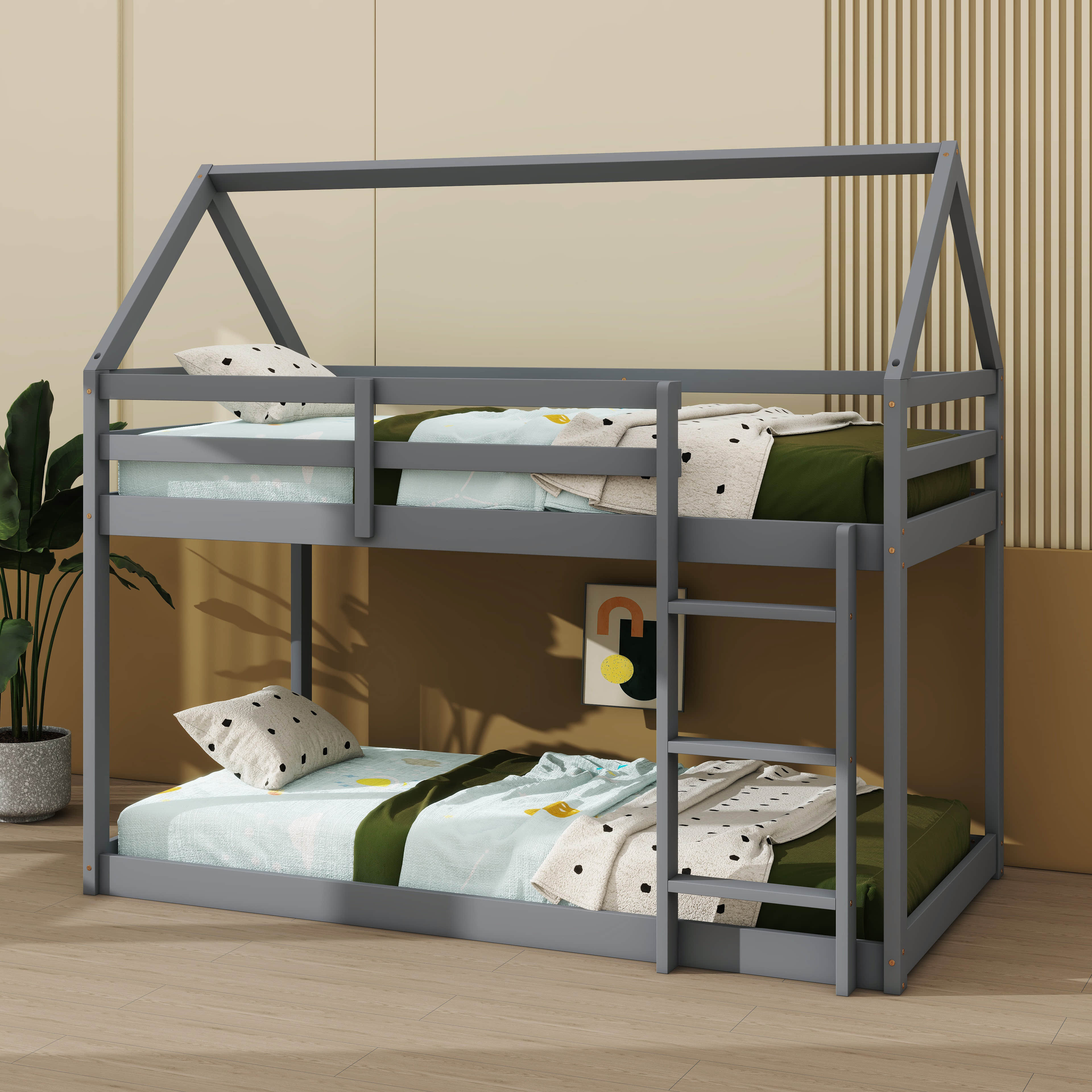 Ophelia & Co. Twin-Over-Twin Floor Bunk Bed With House-Style Roof And ...
