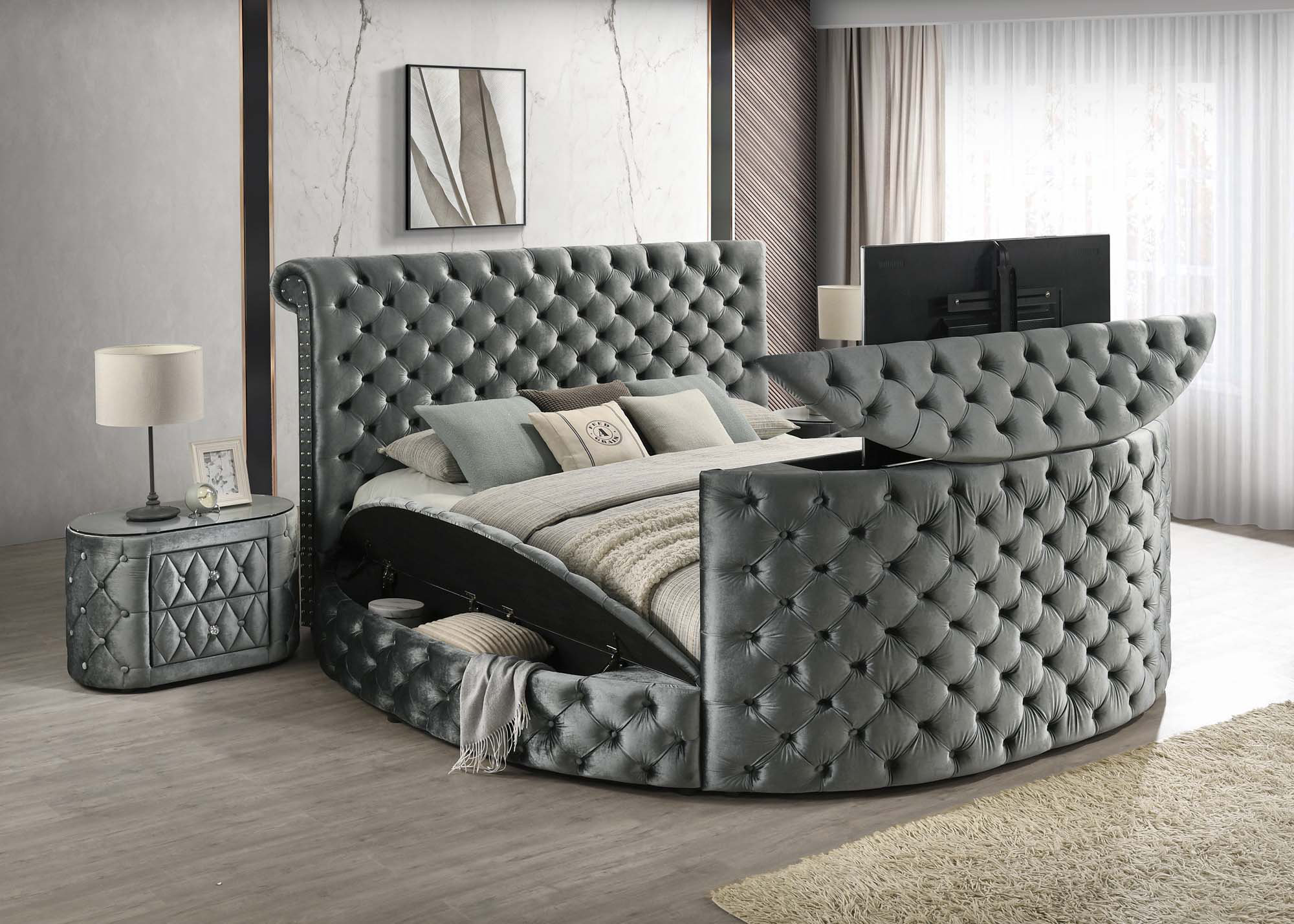 Everly Quinn 1pc Bed Velvet Footboard with Integrated Television Lift ...