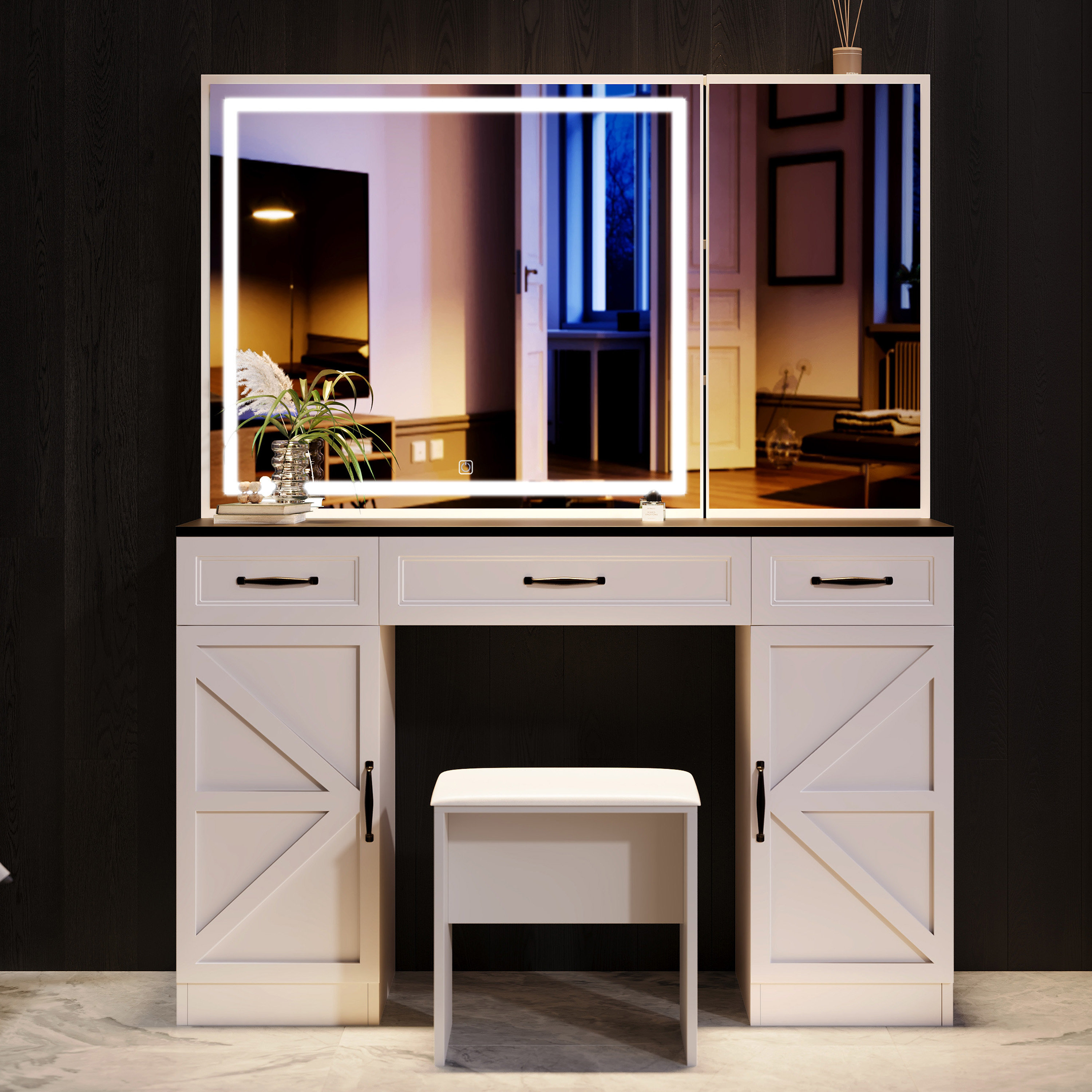 Gracie Oaks Farmhouse Makeup Vanity With Mirror And Lights, Retro ...