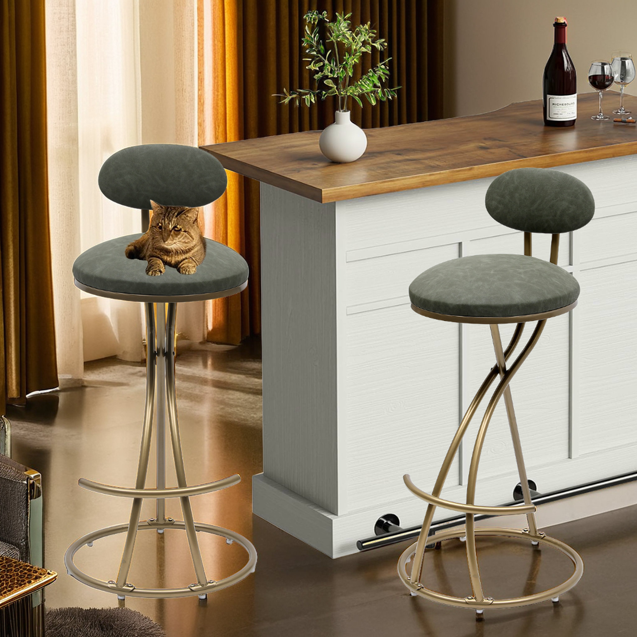 Blu Aired Merch S-Shaped Upholstered PU Round Bar Stools With Footrest ...