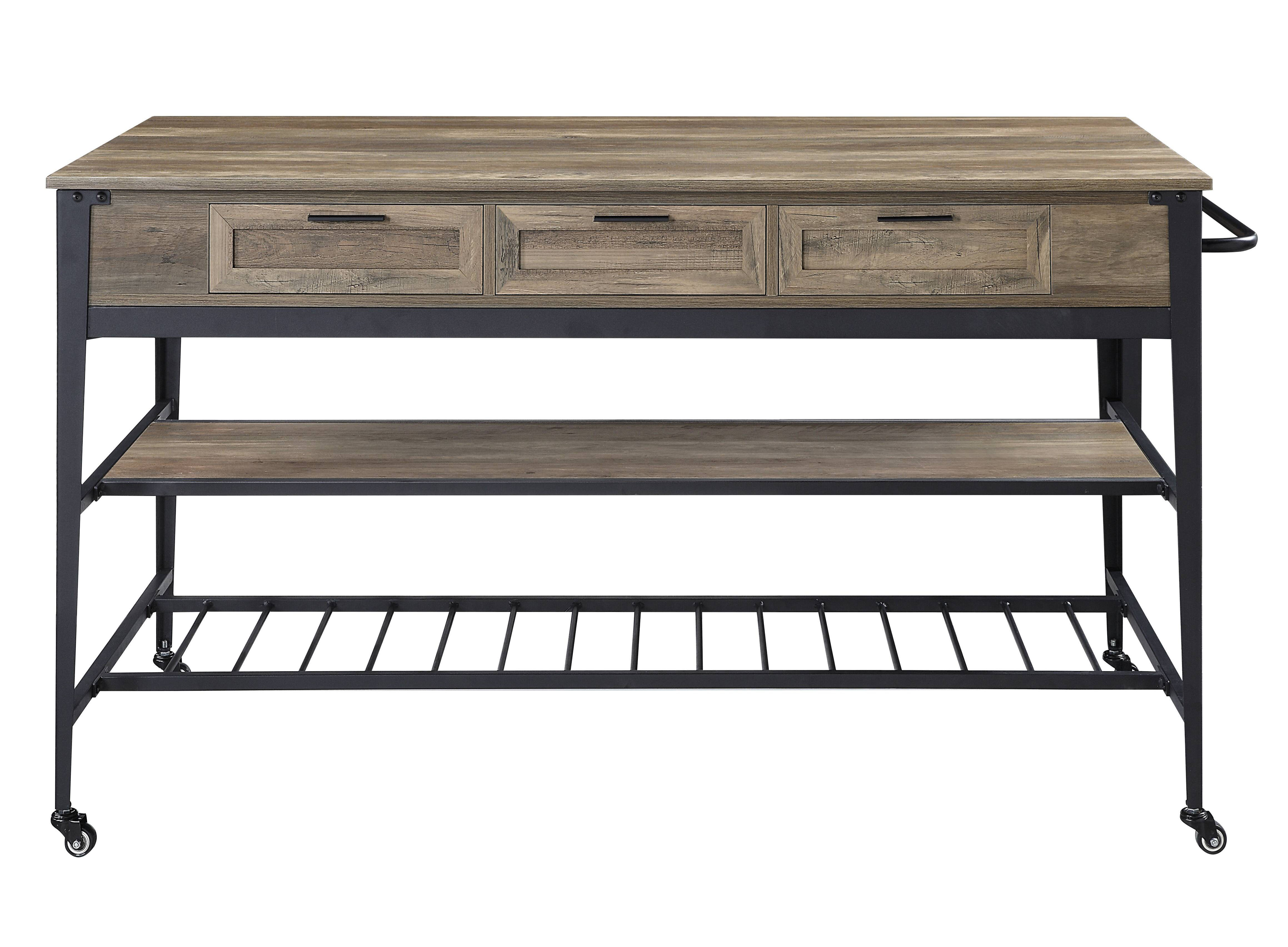 17 Stories Rustic Oak and Black Kitchen Cart with 3 Drawers | Wayfair