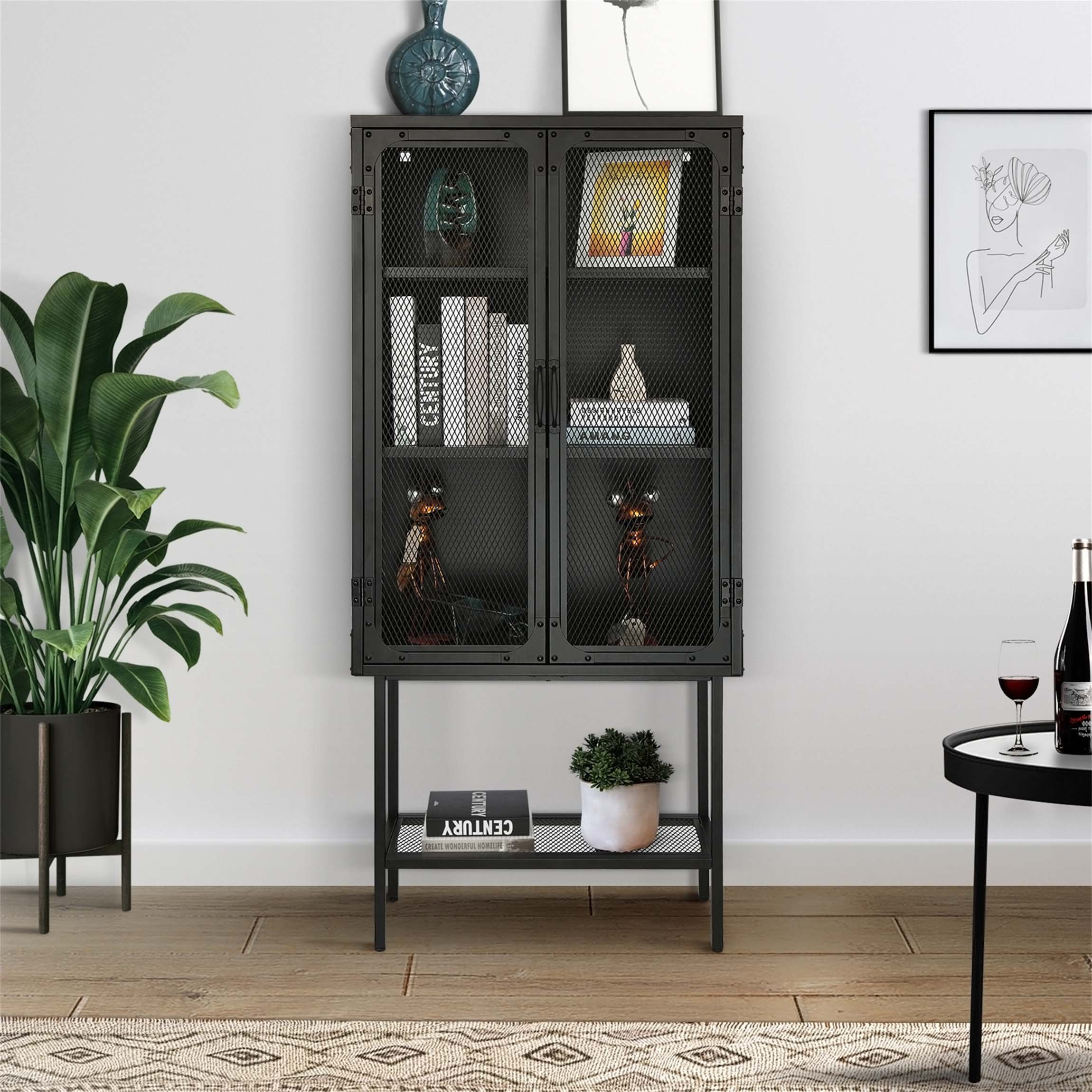 Ebern Designs Meagher Cabinet Cupboard with Metal Mesh Doors Adjustable ...