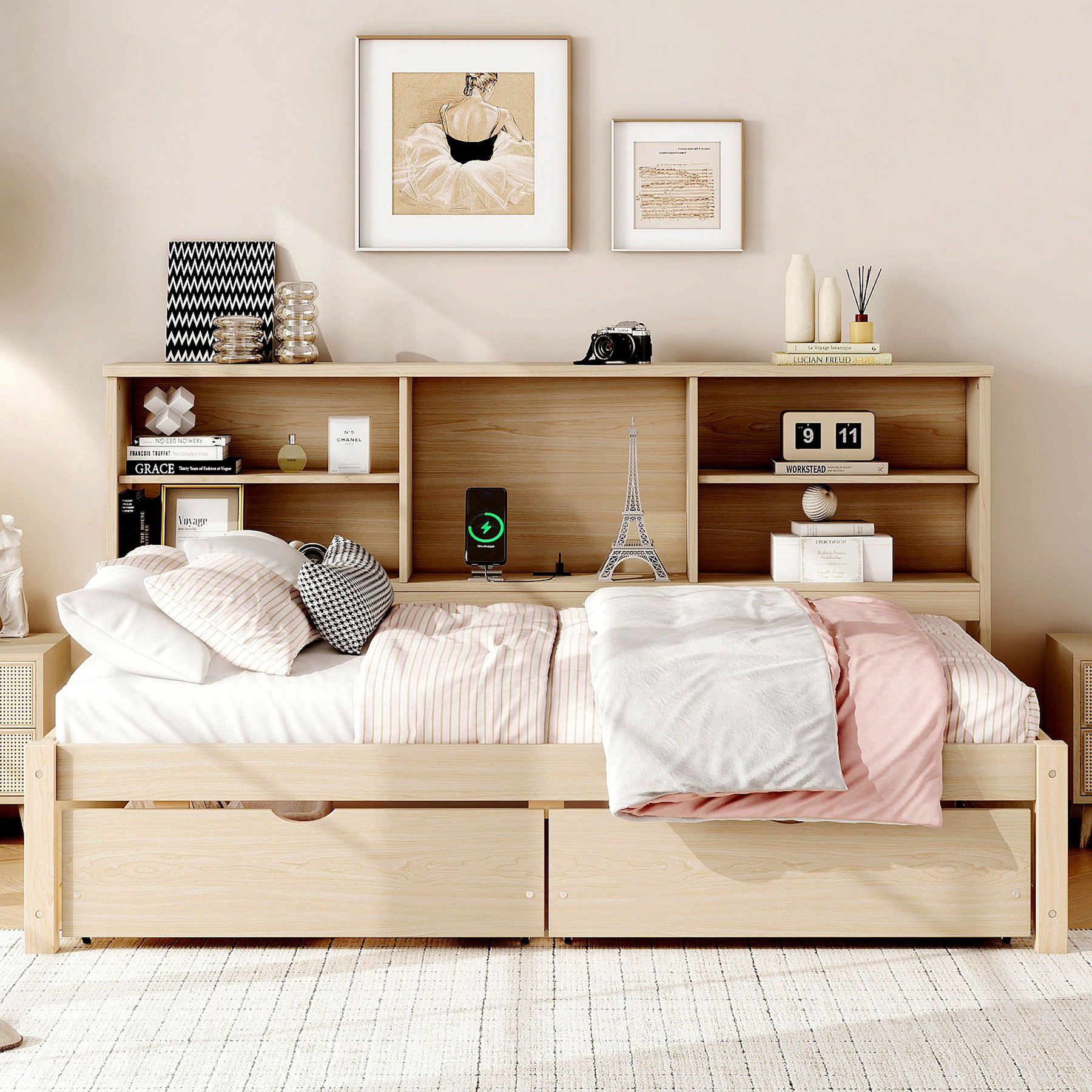 Lark Manor™ Luxurious Bed Frame With Side Shelves, Drawers And USB Port ...