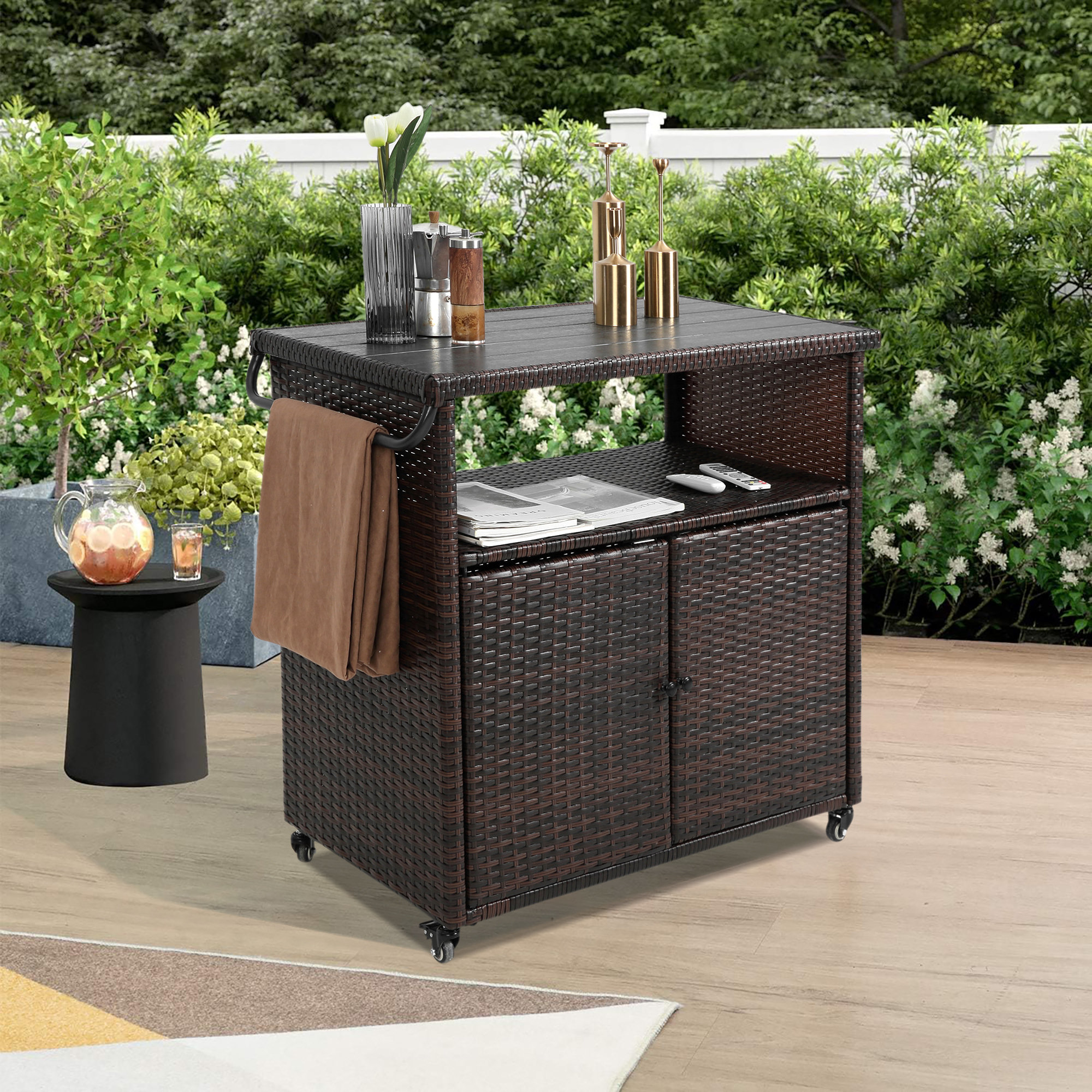 Latitude Run® Outdoor Wicker Bar Cart, Patio Wine Serving Cart With ...