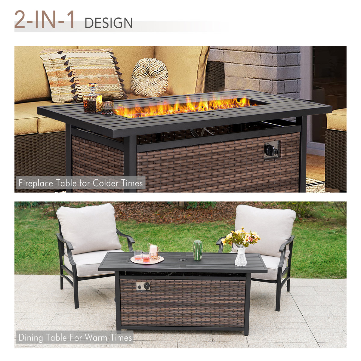 Lark Manor Argyri 56" Outdoor Rectangular Rattan Propane Gas Fire Pit ...