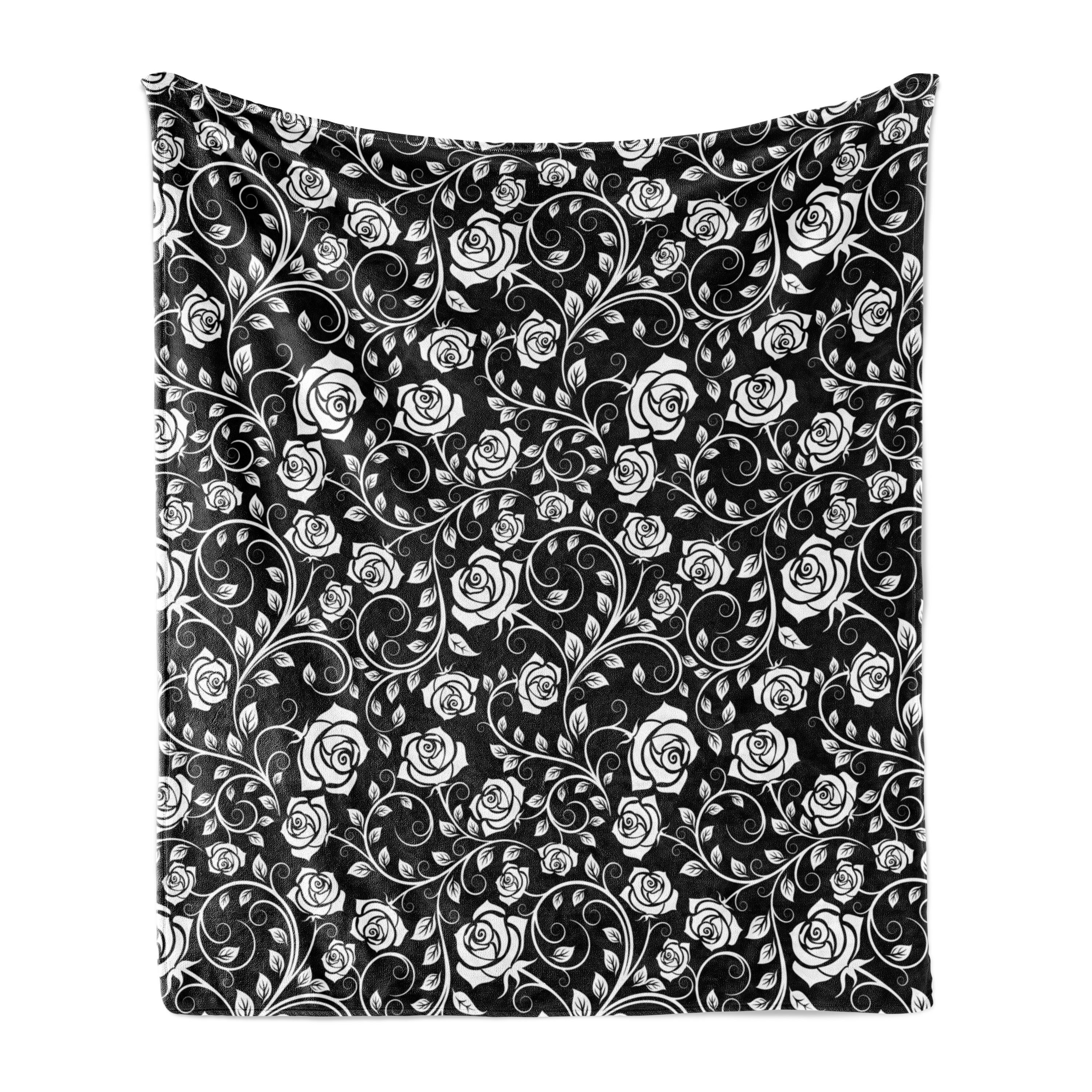 Ambesonne White Fleece Throw Blanket Roses on Swirling Stems Curl Black ...