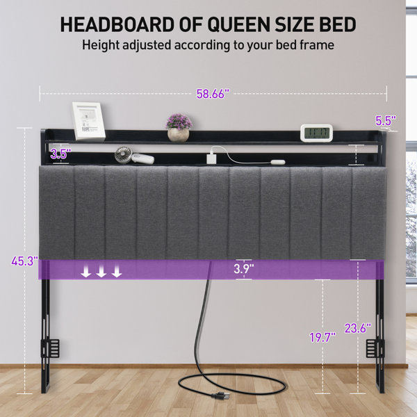 Wrought Studio™ LED Headboard For Queen Size Bed Frame with Outlets and ...