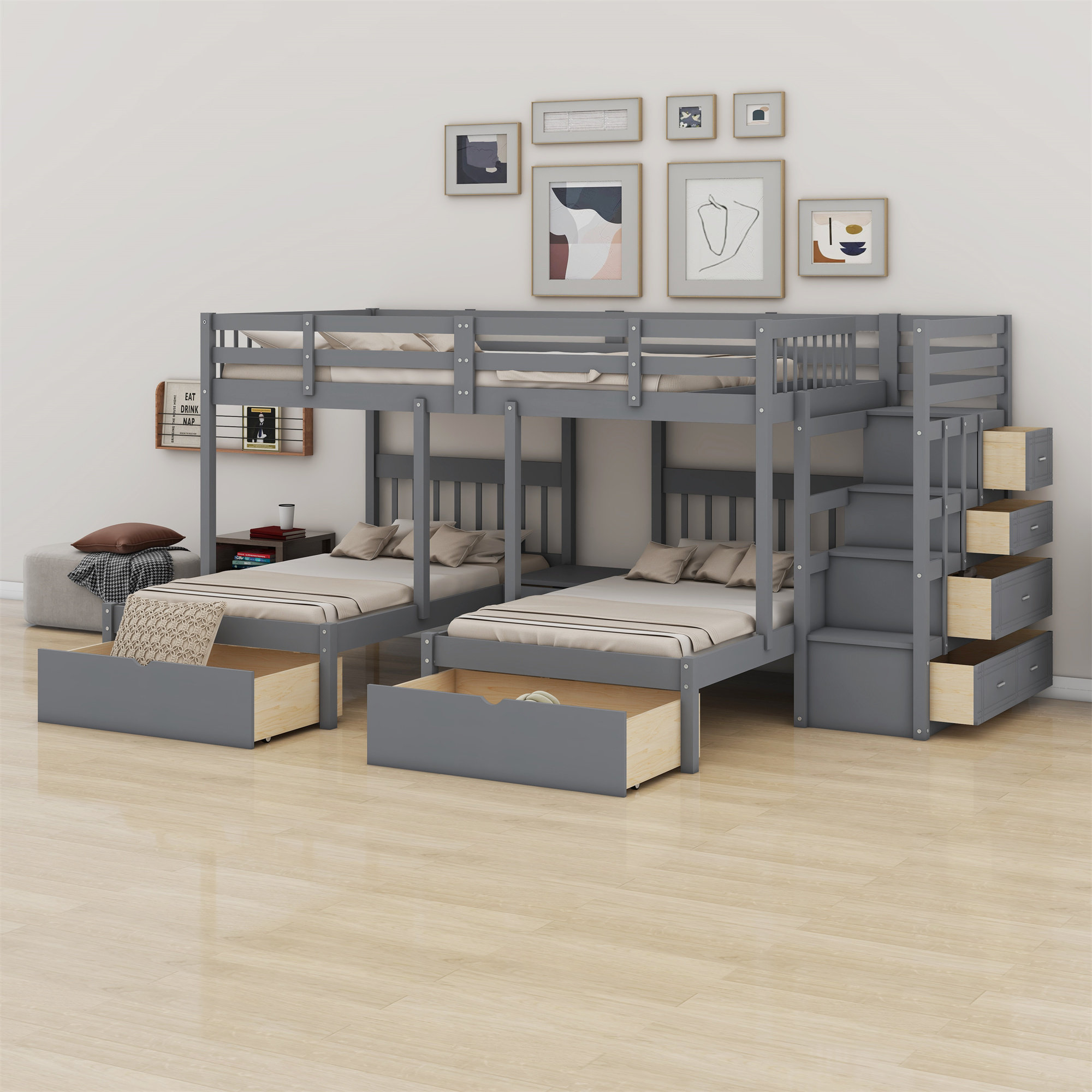 Harriet Bee Wood Triple Bunk Bed With Drawers And Guardrails | Wayfair