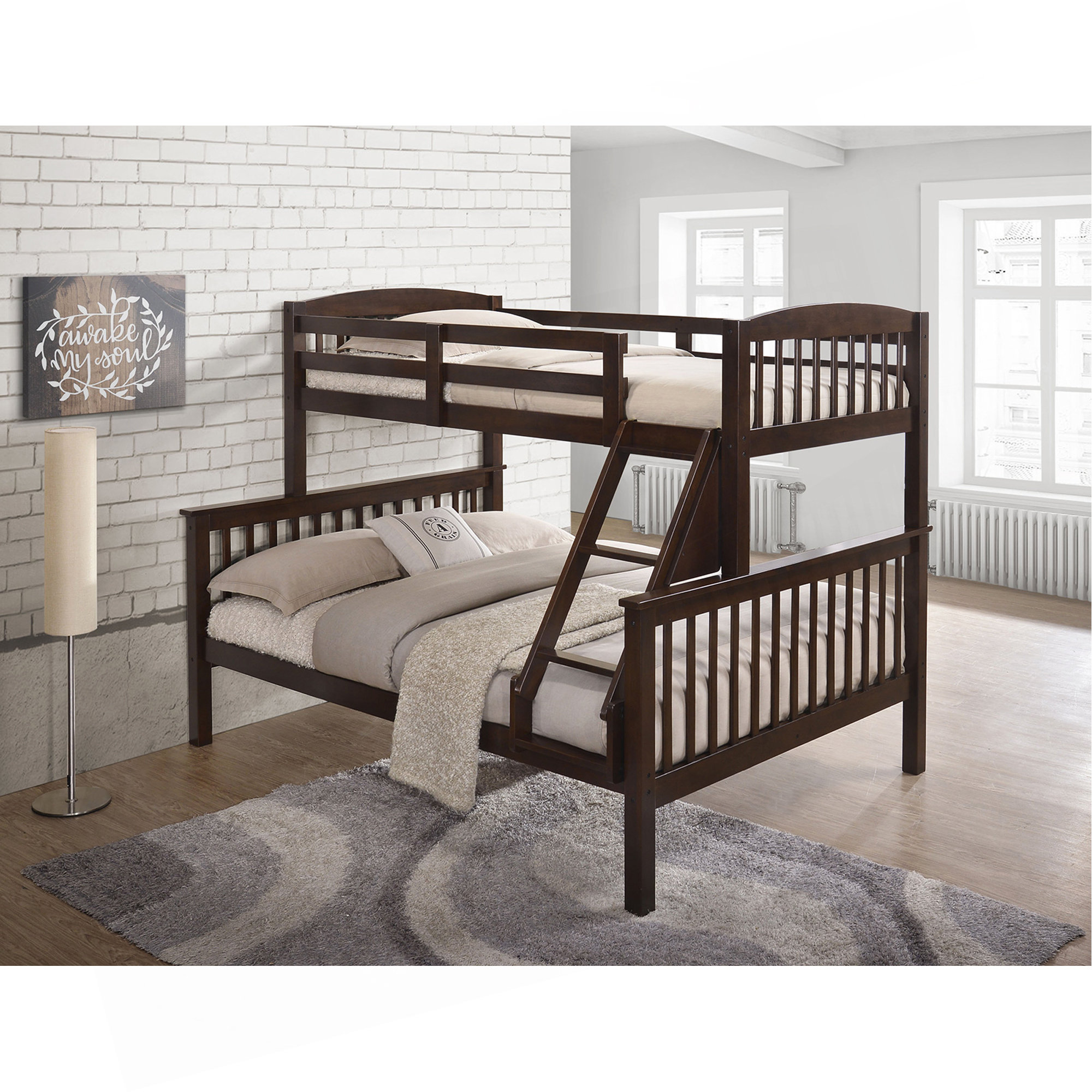 Harriet Bee Transition Twin Full Bed With Slat Design And Angled Ladder, Cherry | Wayfair