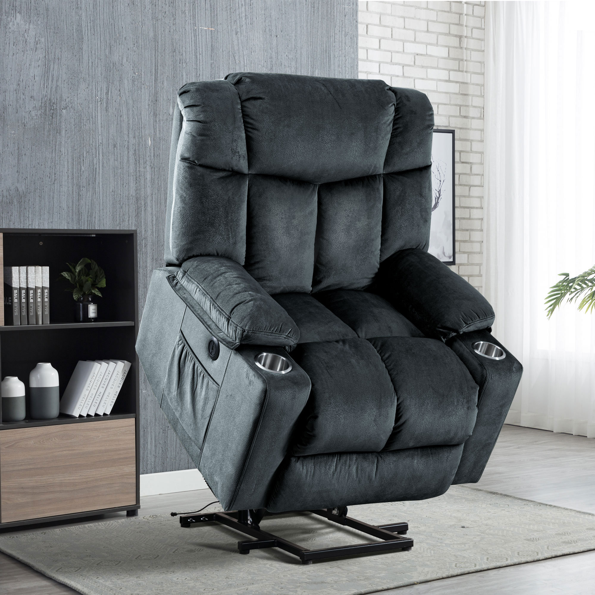 CarolLynn 34.6 Wide Modern and Upholstered Power Lift Assist Standard Recliner with USB Port Hokku Designs Body Fabric Gray Microfiber Microsuede