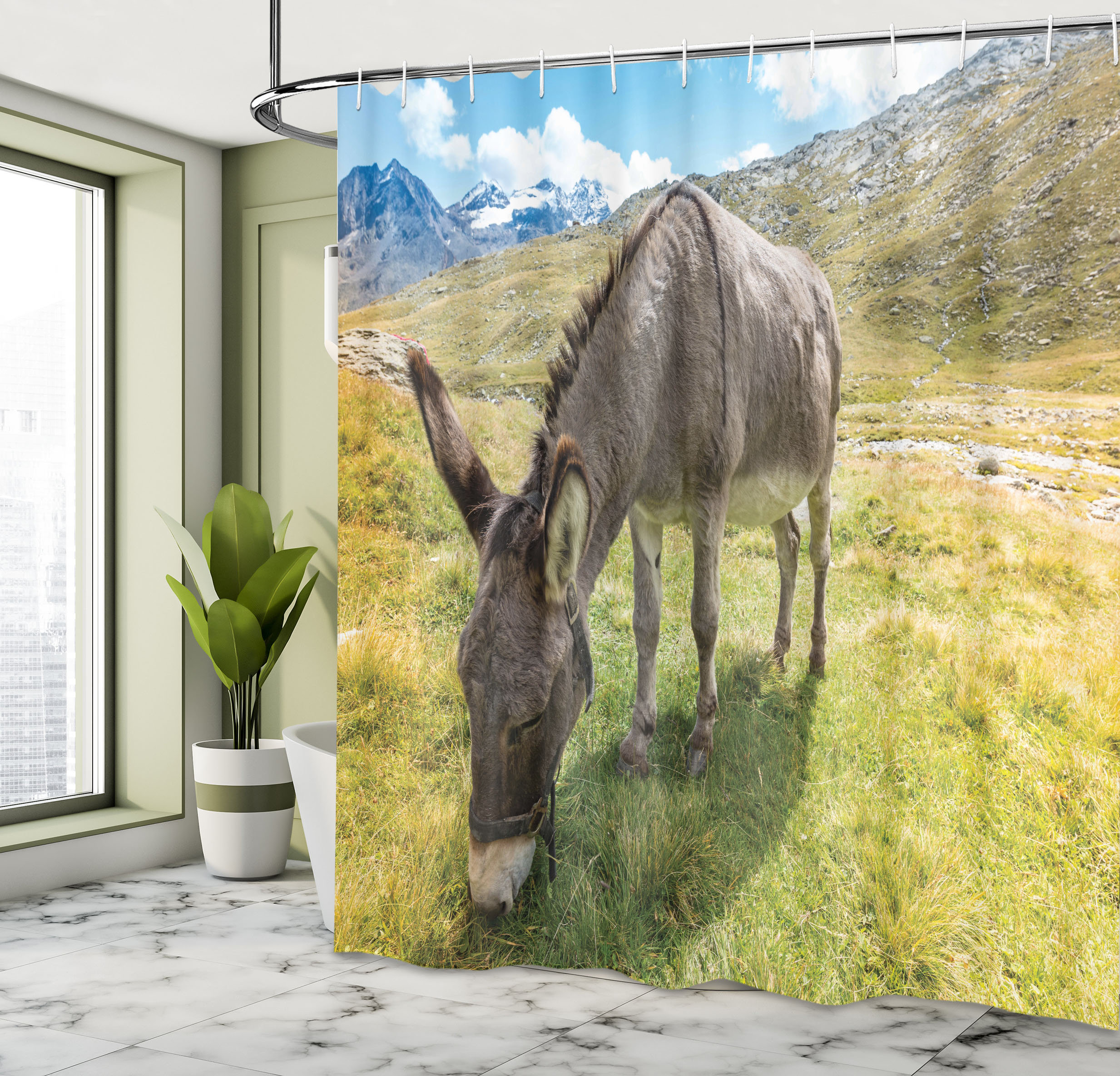 East Urban Home Donkey Shower Curtain Donkey Eating Grass Mountain ...