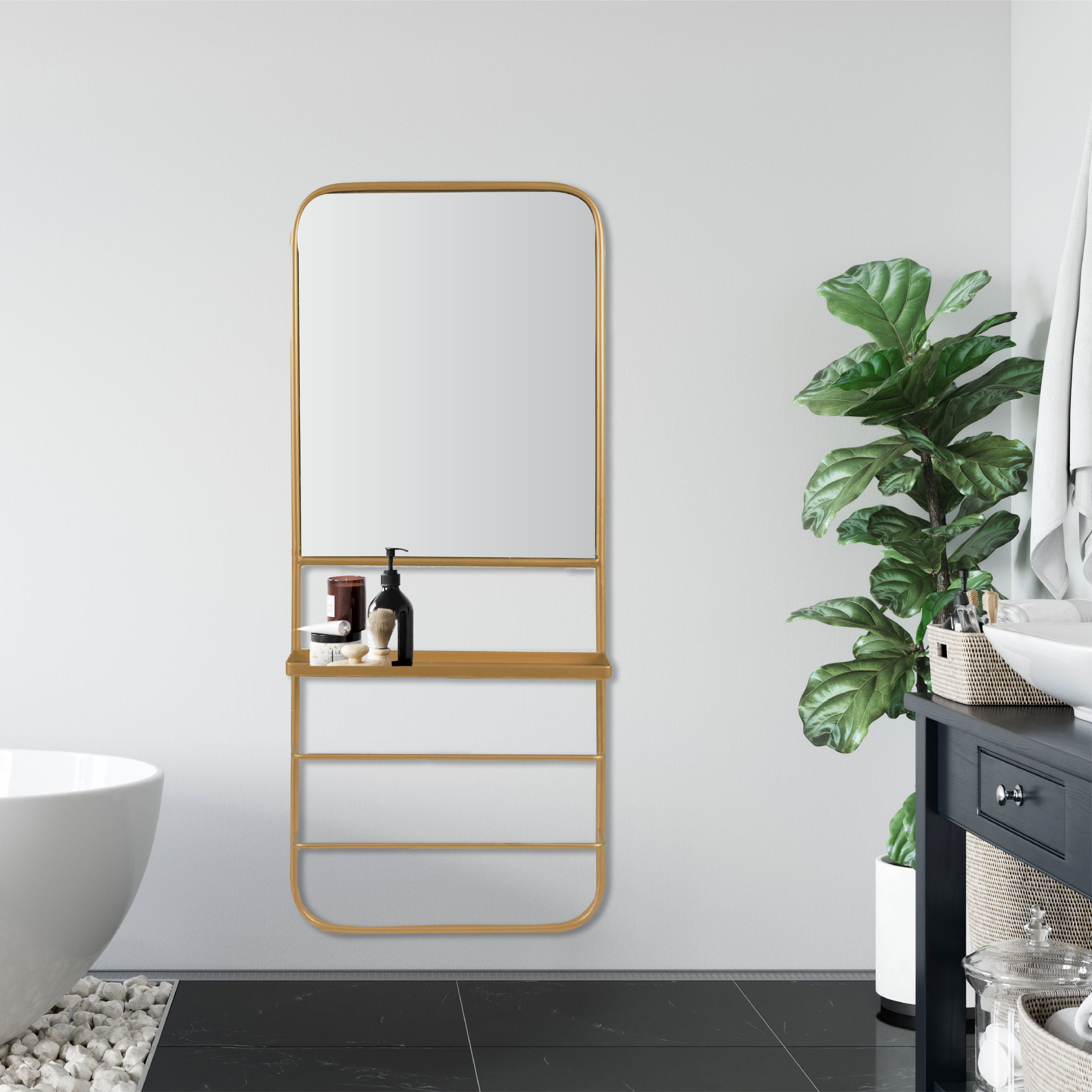 Everly Quinn Metal Beveled with Shelves Bathroom Mirror | Wayfair