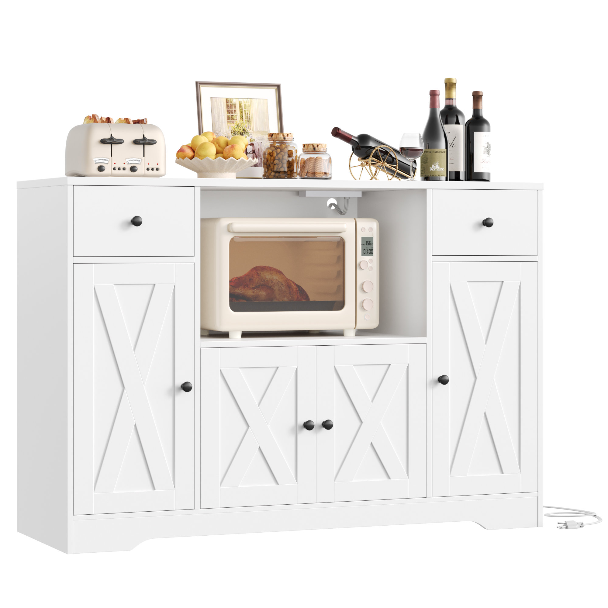HOMECHO 47.2" Farmhouse Microwave Cabinet with Charging Station, Modern ...