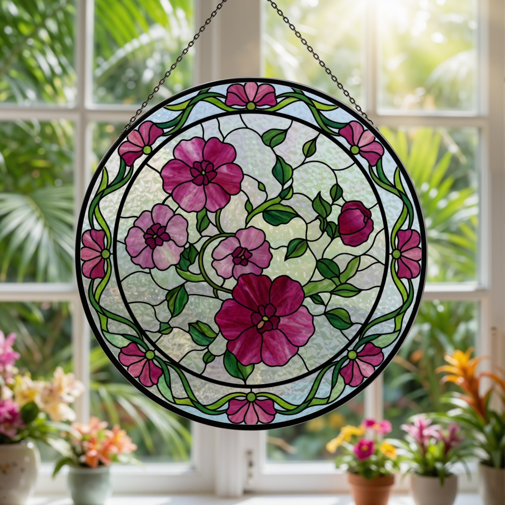 Astoria Grand 7.8"H Floral Vine Stained Glass Window Panel | Wayfair