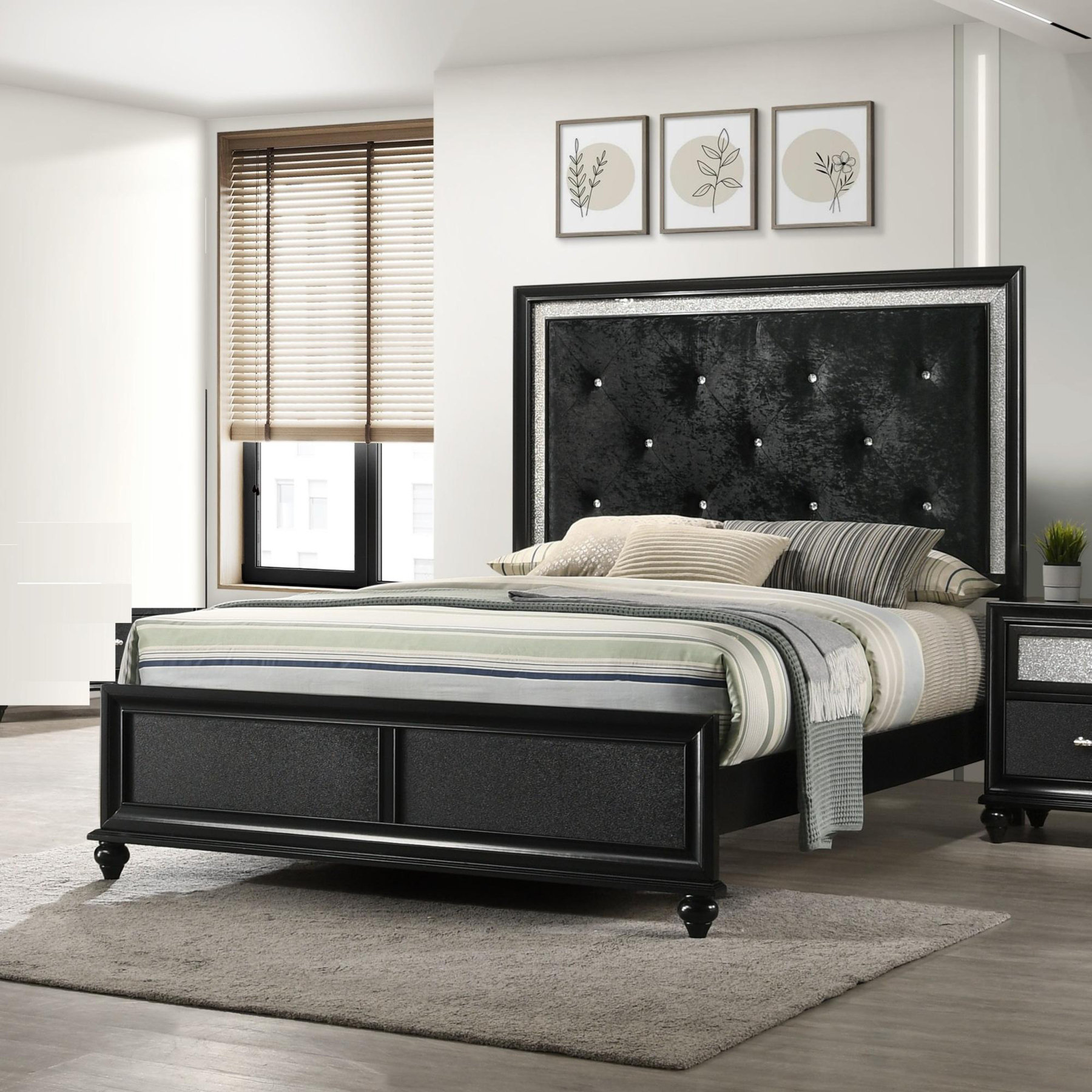 Rosdorf Park Upholstered Panel Bed Diamond Patterned Faux-crystal ...