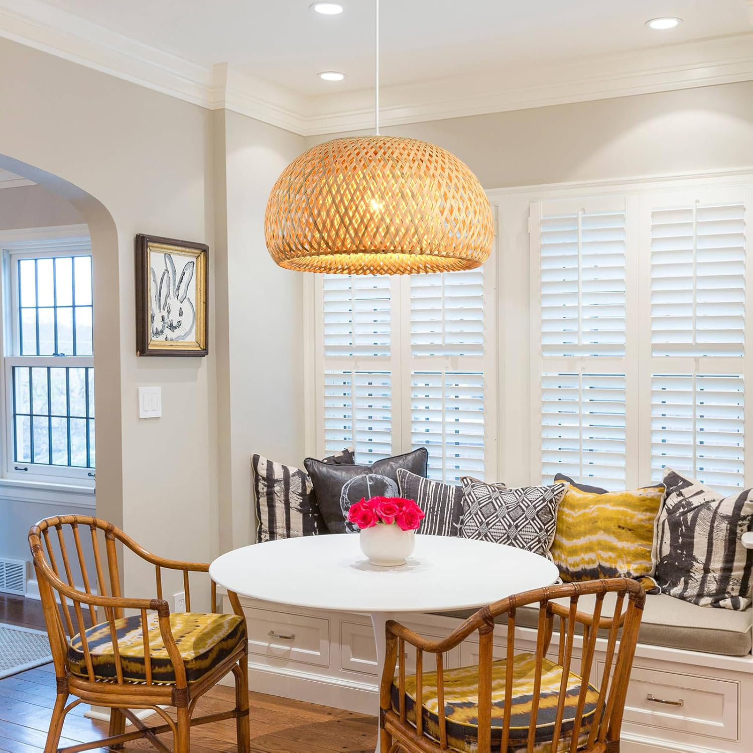 Bayou Breeze Hand-Woven Bamboo Pendant Light Fixture, Double-Layer Boho ...