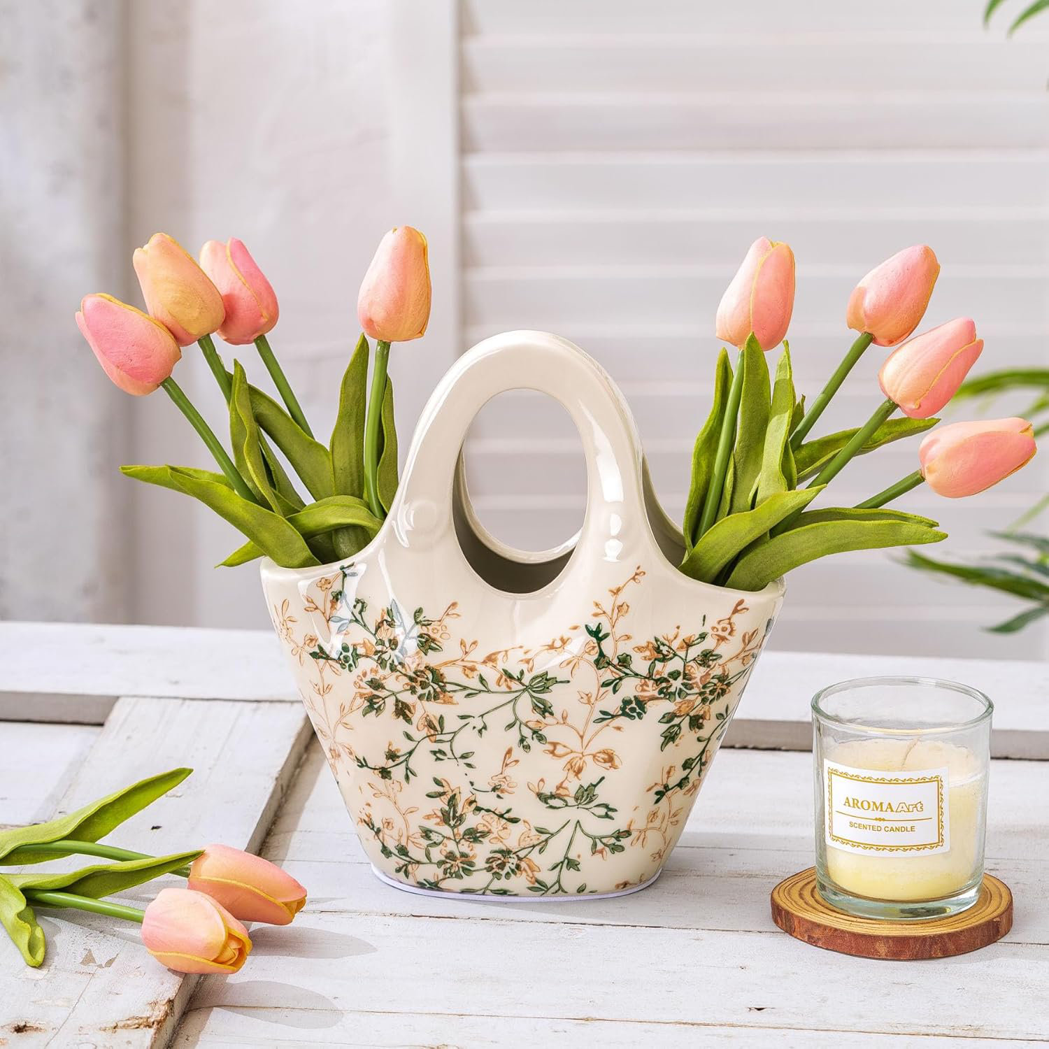 Lark Manor™ Green and Beige Cute Handbag Vase Rustic Farmhouse Vase ...
