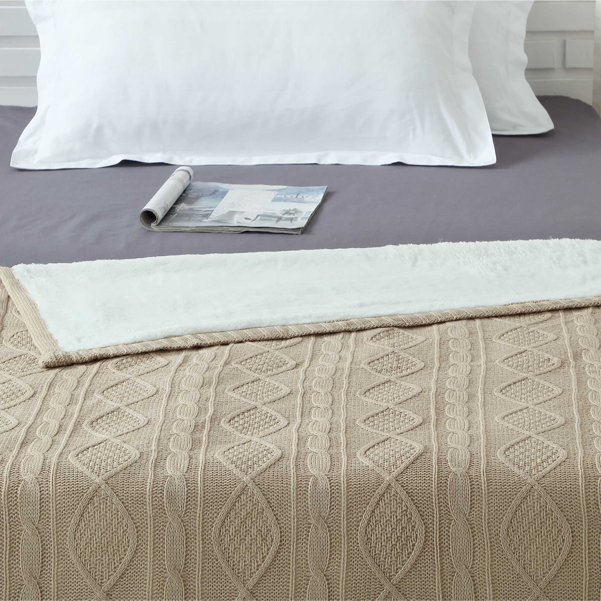 Cozy Tyme Yara Cable Knit Throw Reverse Faux Rabbit Fur 50" x 60 ...