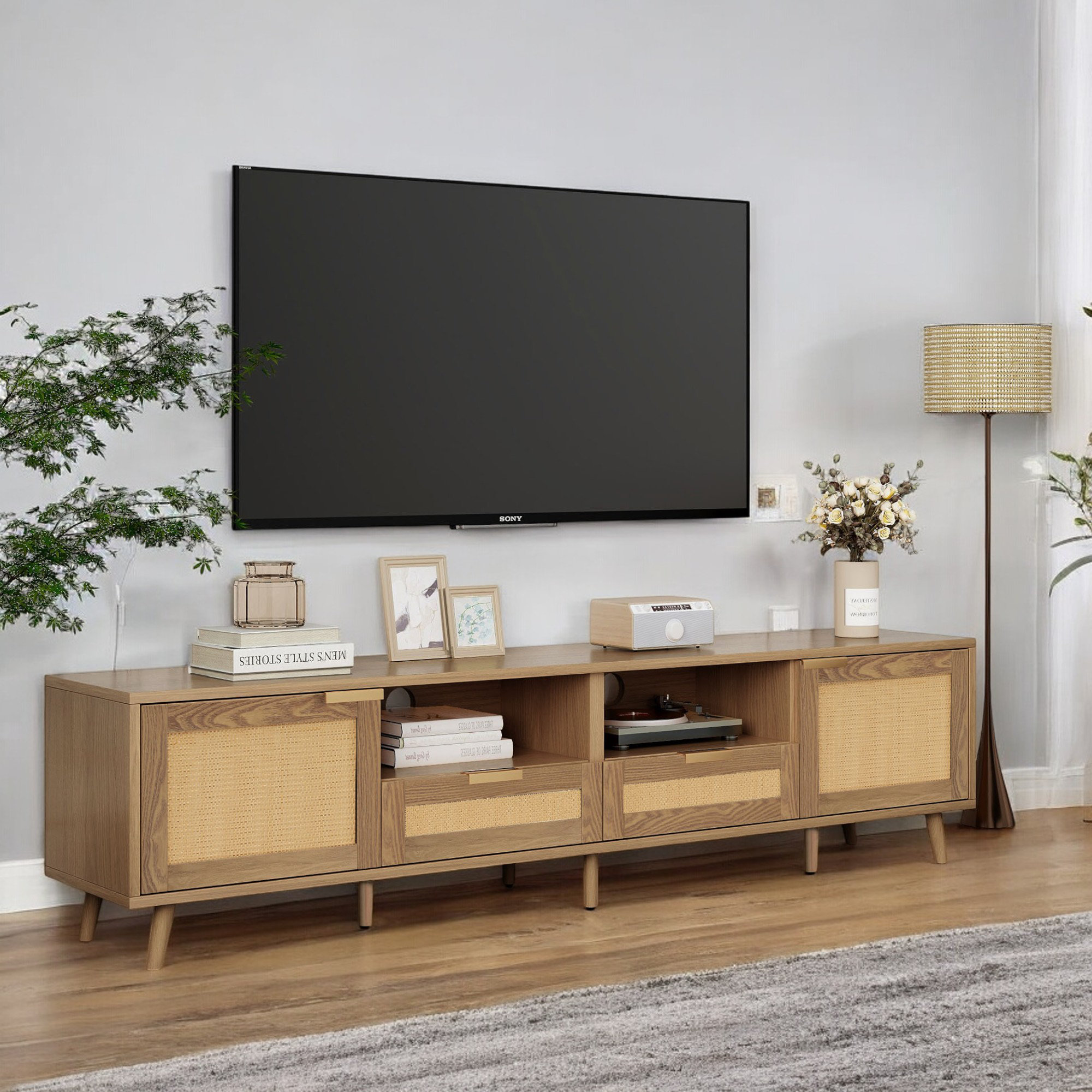 17 Stories Brown Braided Rattan TV Console Table With Solid Wooden Feet ...