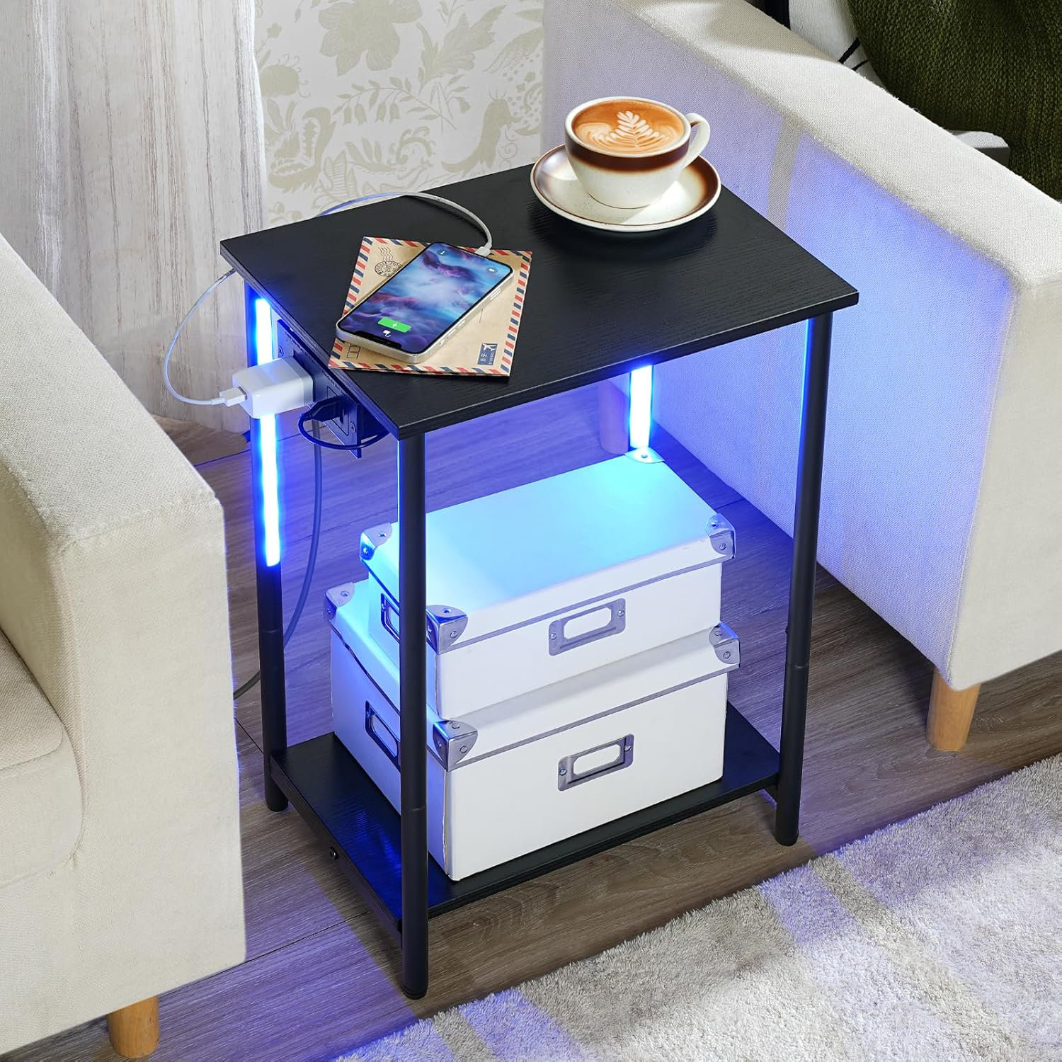 Wrought Studio™ Side Table With Charging Station And LED Light | Wayfair