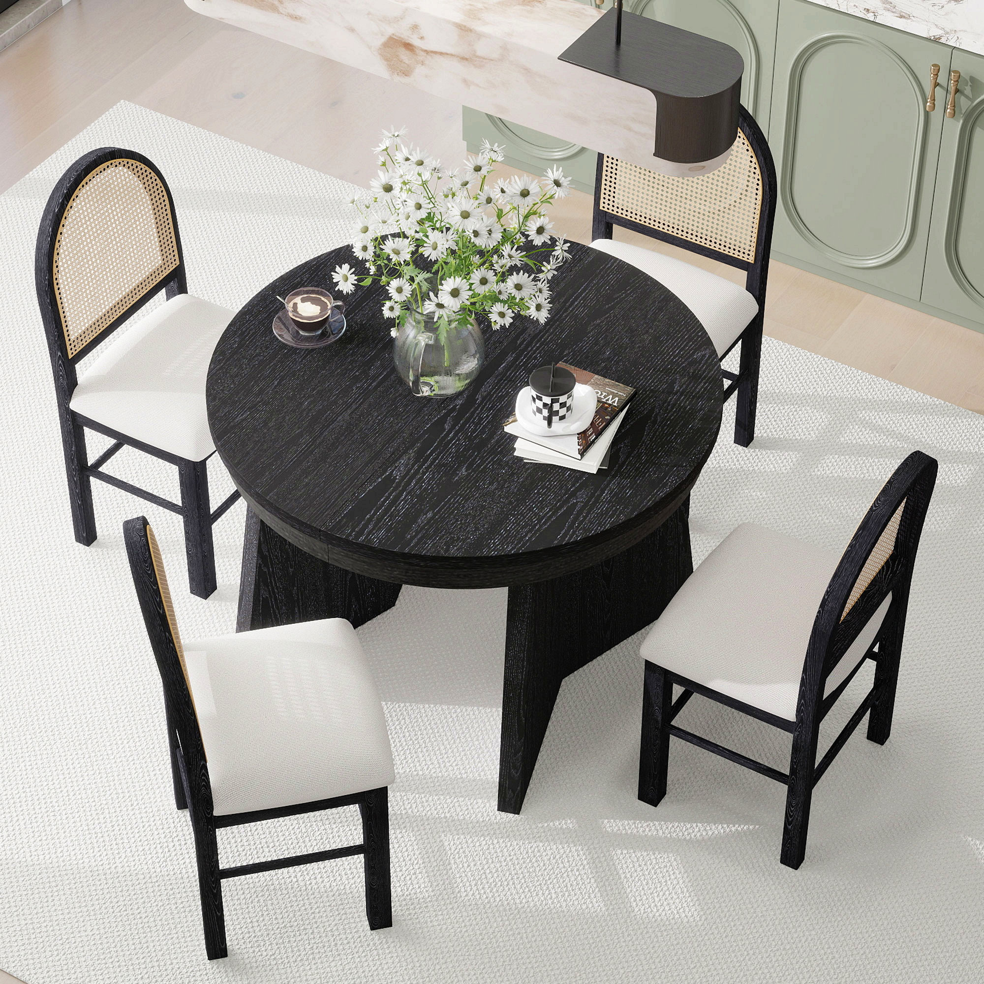 Latitude Run® 5-Piece Round Dining Table Set For 4, Retro Extendable Dining Table Set With 4 ...