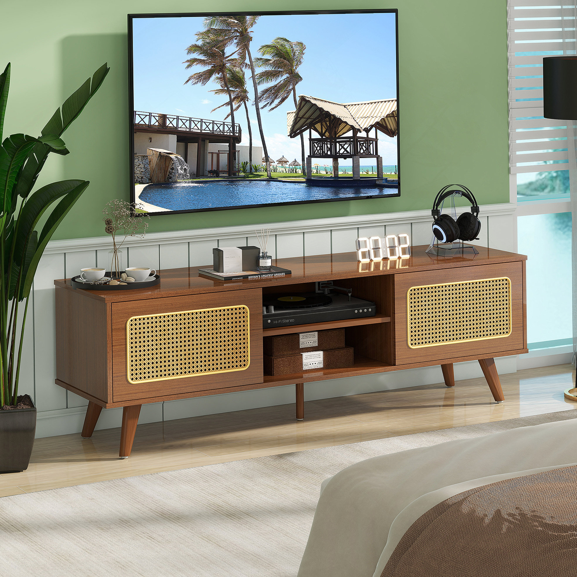 George Oliver Mid Century Modern Rattan TV Stand for 55/60/65 inch TV ...