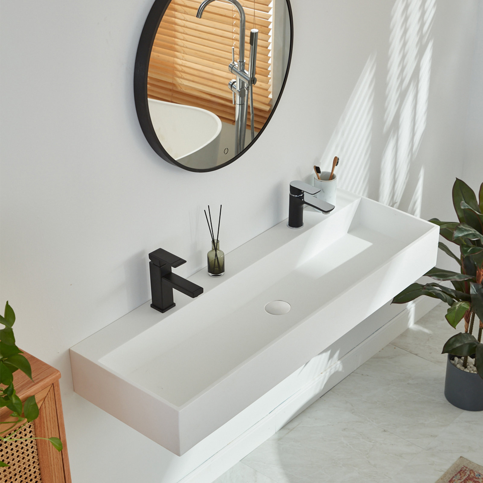 Pensen 48"x18" Solid Surface Rectangular Wall Mount Bathroom Sink with ...