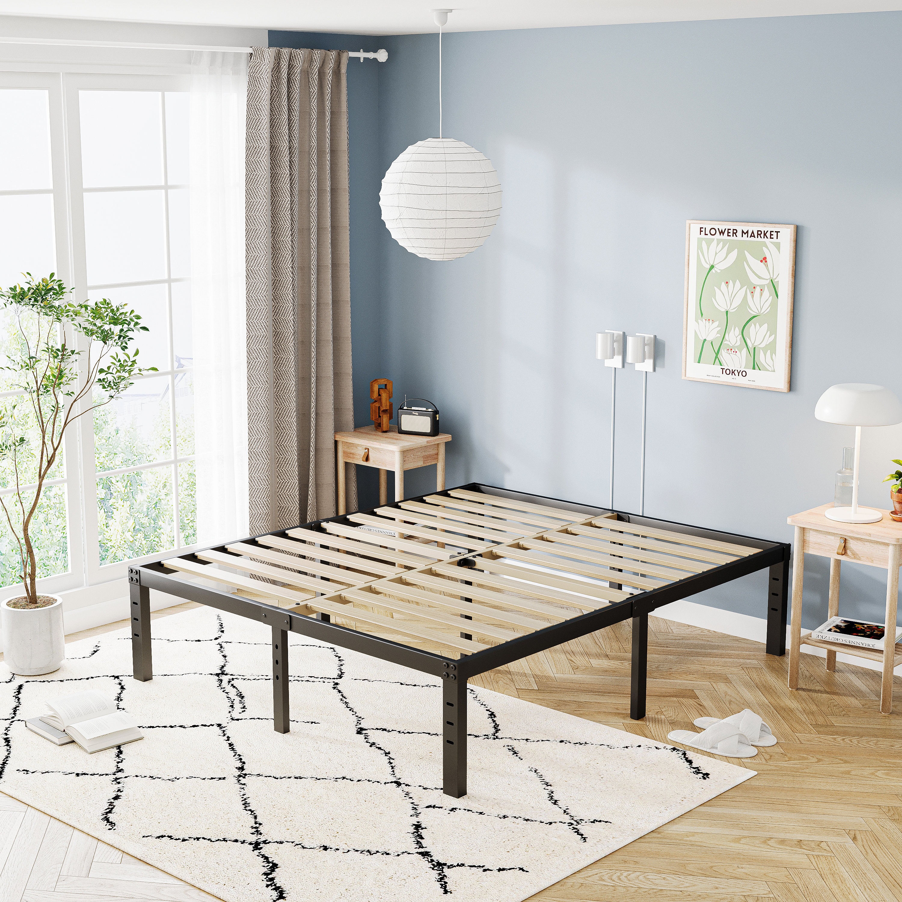 Ebern Designs Agulla 16" High Metal Bed Frame with Sturdy Wood Slats ...