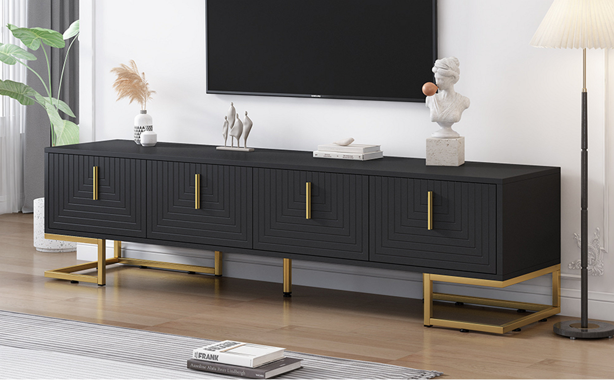 Mercer41 Modern TV Stand With Metal Legs And Gold Handles For Tvs Up To ...