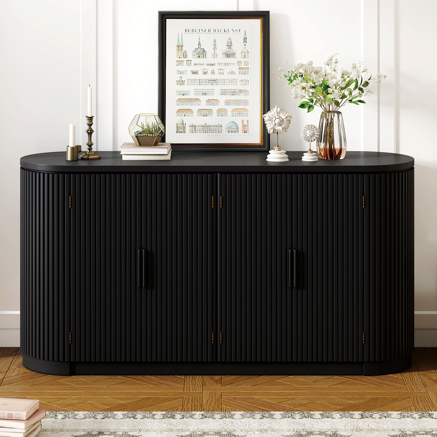 Brayden Studio Storage Cabinet With Metal Handles And Vertical Striped ...