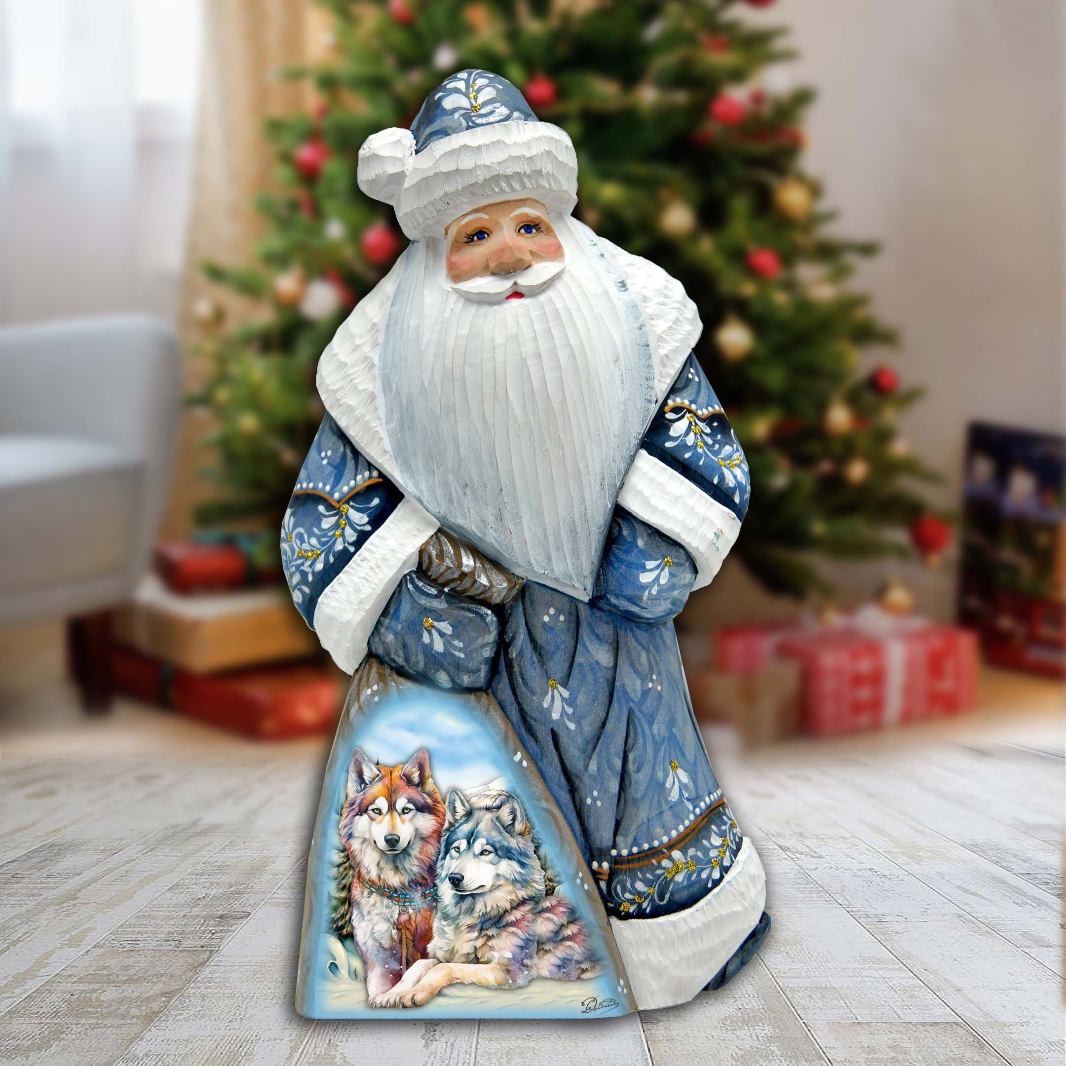 The Holiday Aisle® Winter Wolves Santa In Blue Hand-Painted Wood Carved ...