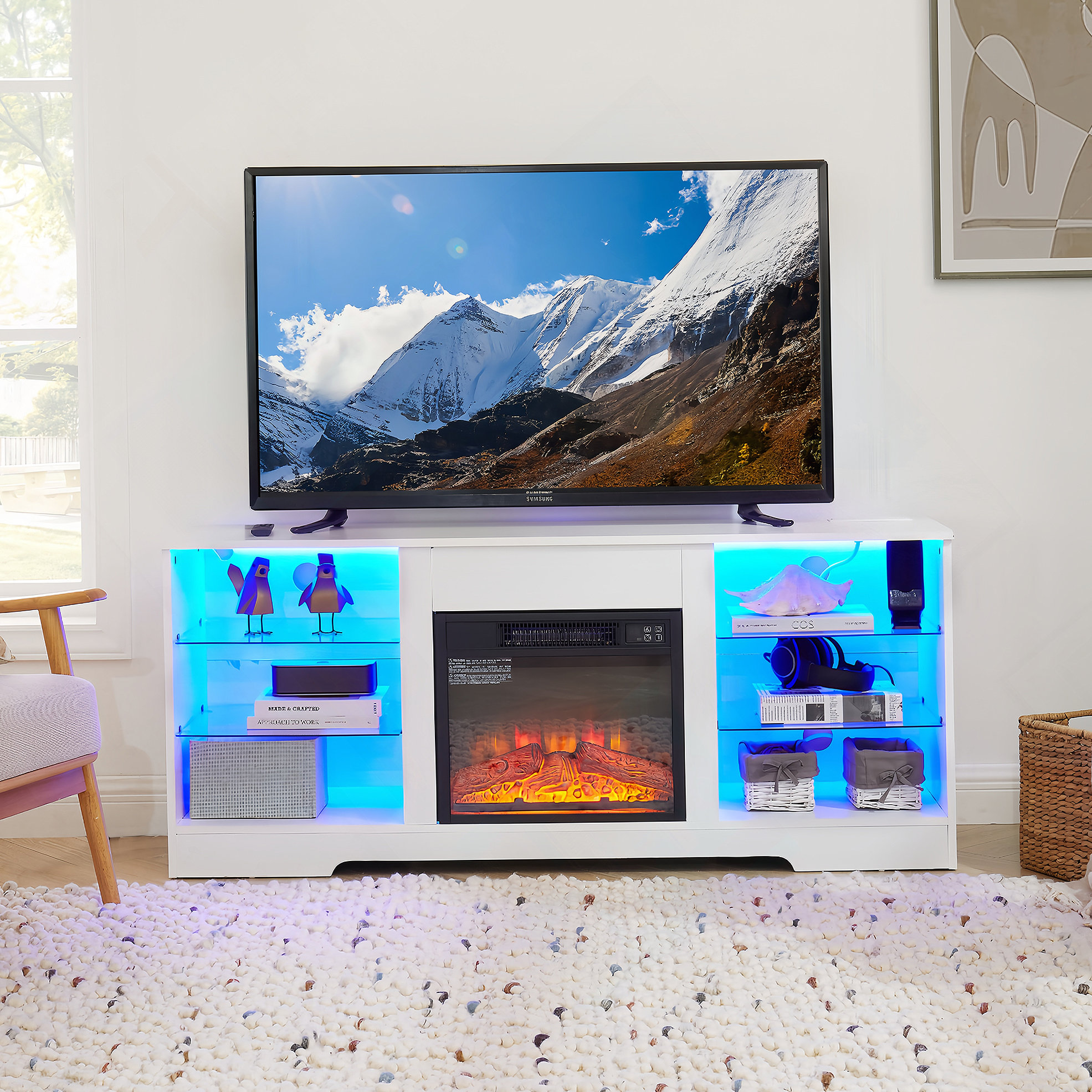Everly Quinn TV Stand Electric Fireplace TV Stand with Glass Shelves ...