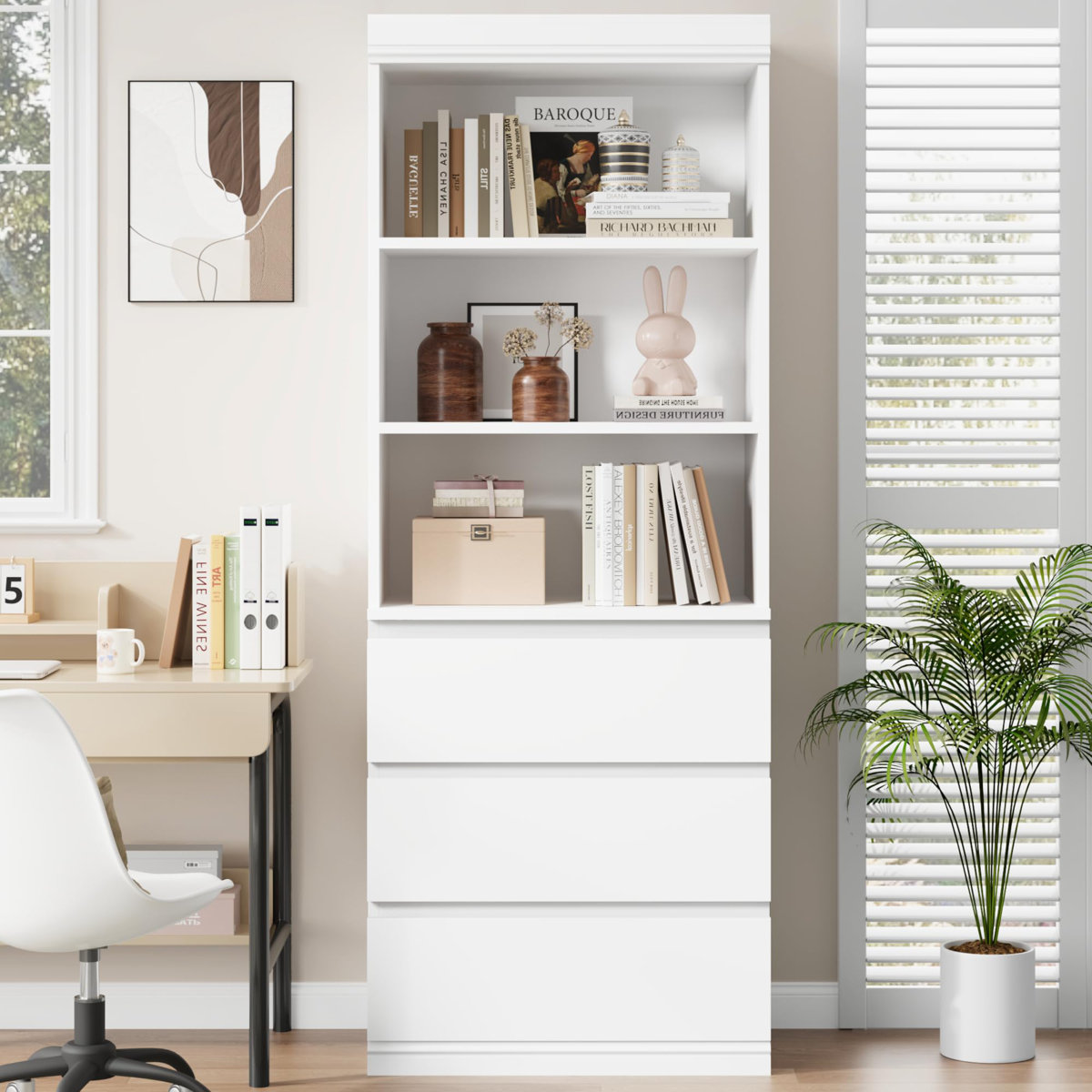 Yuan Home Bookcase With Drawers 70.27 Inches Tall Bookshelf Farmhouse ...