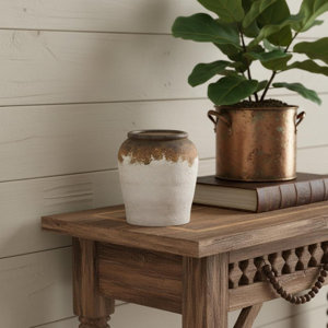 HomeRoots 8" Brown And White Color Block Ceramic Round Table Vase | Wayfair