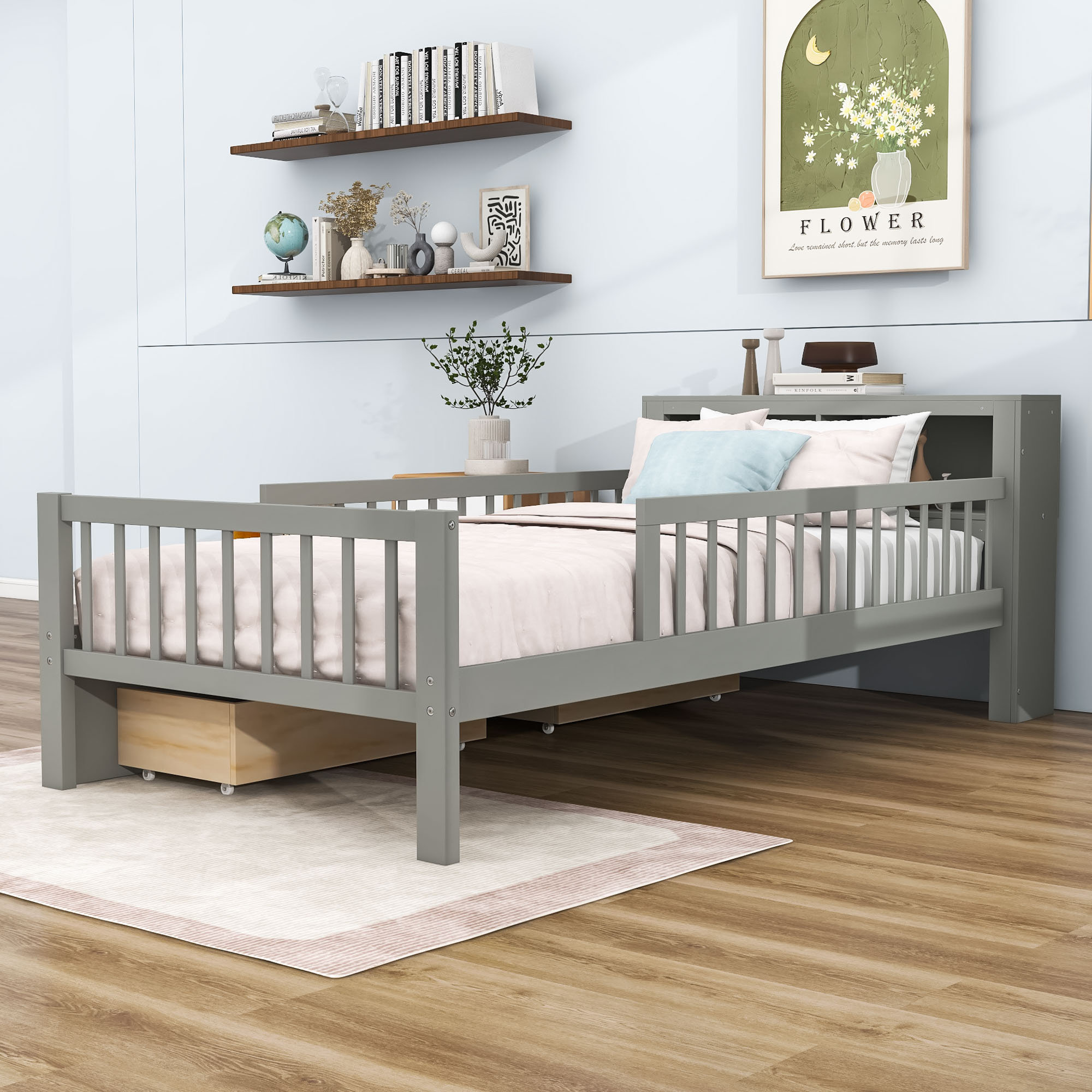 Harriet Bee Twin Two Drawers Wood Bed with Headboard Storage Rack and ...