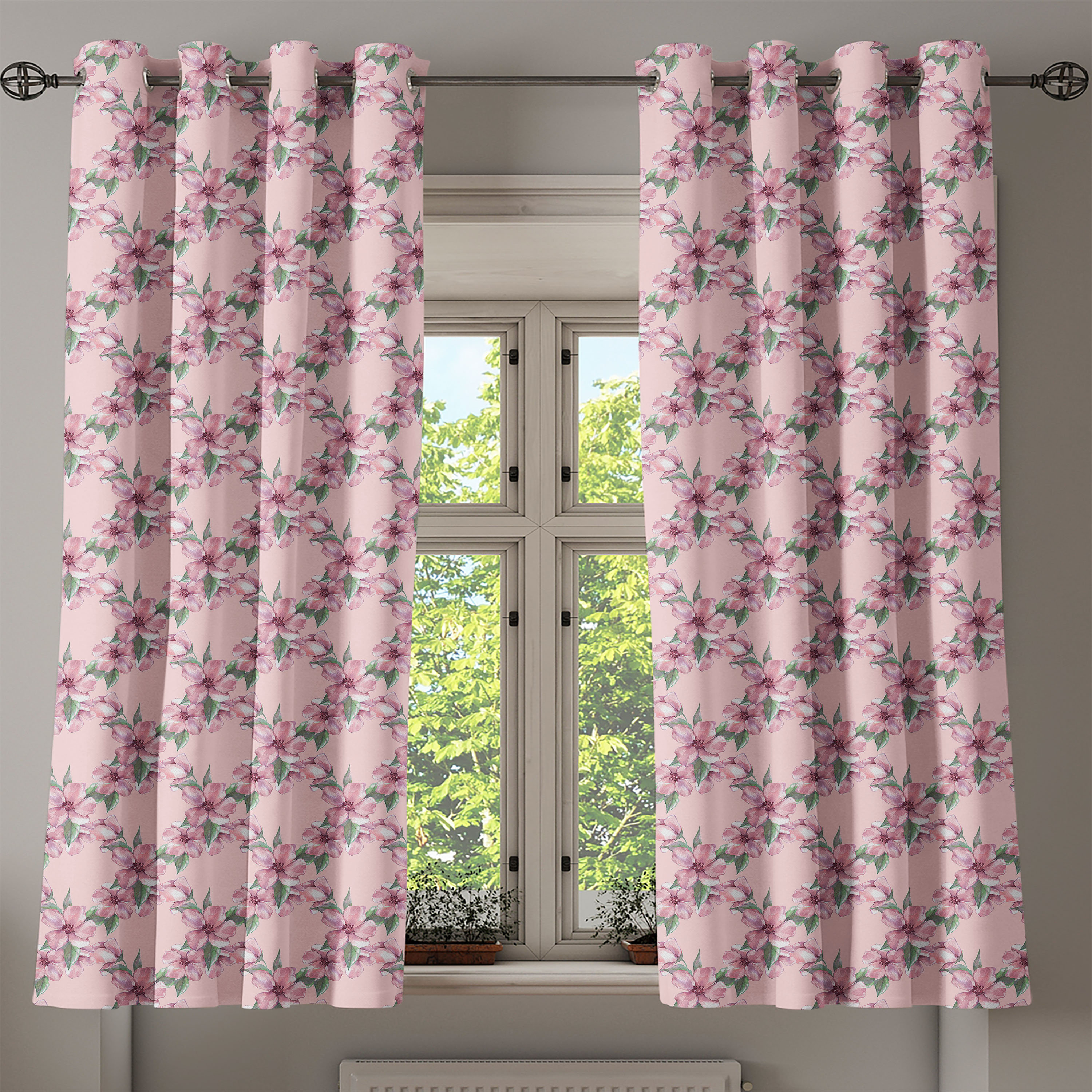 Red Barrel Studio® Floral Grommet Curtain Flowers Grid of Squares Rose ...