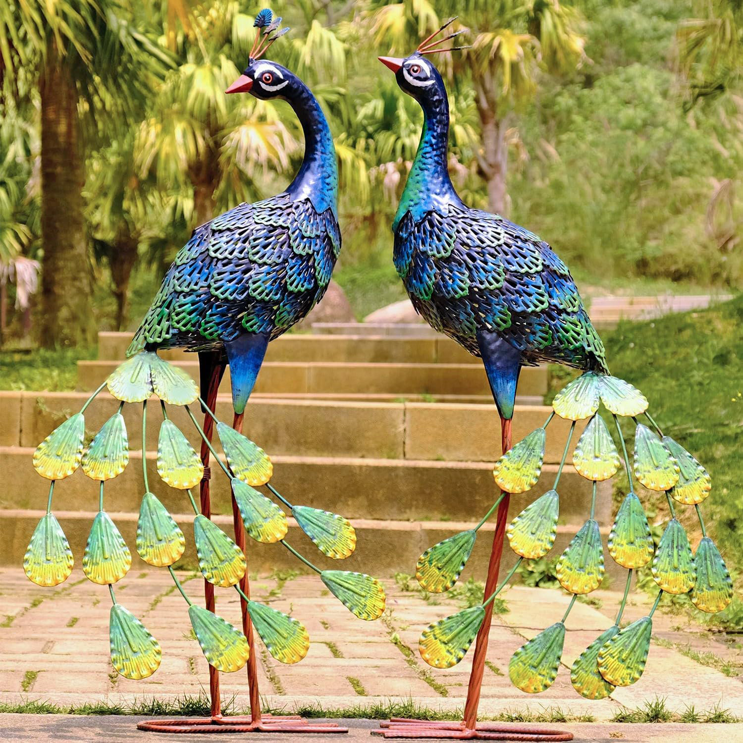 Bungalow Rose Solar Powered Metal Peacock Statue - Set of 2 for Outdoor ...