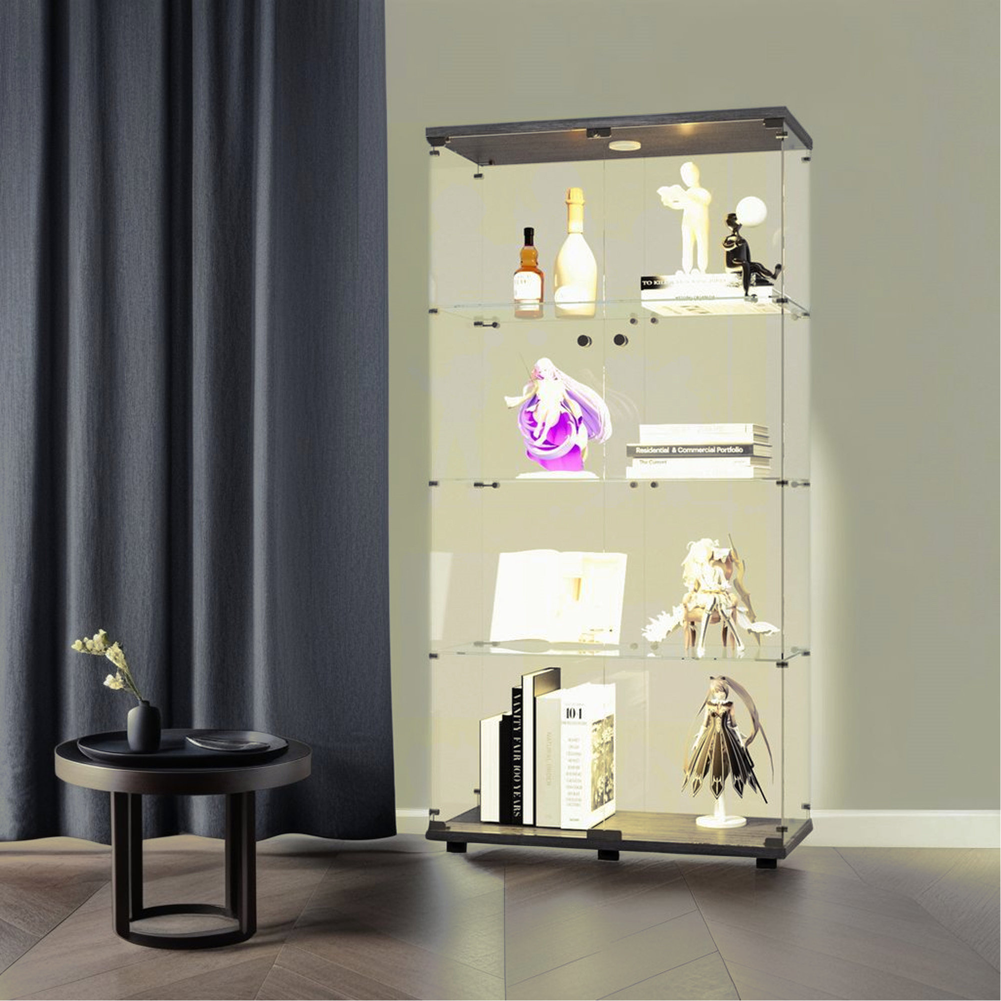 Ivy Bronx Lighted Glass Cabinet, Display Cabinet With 4 Storage Shelves ...