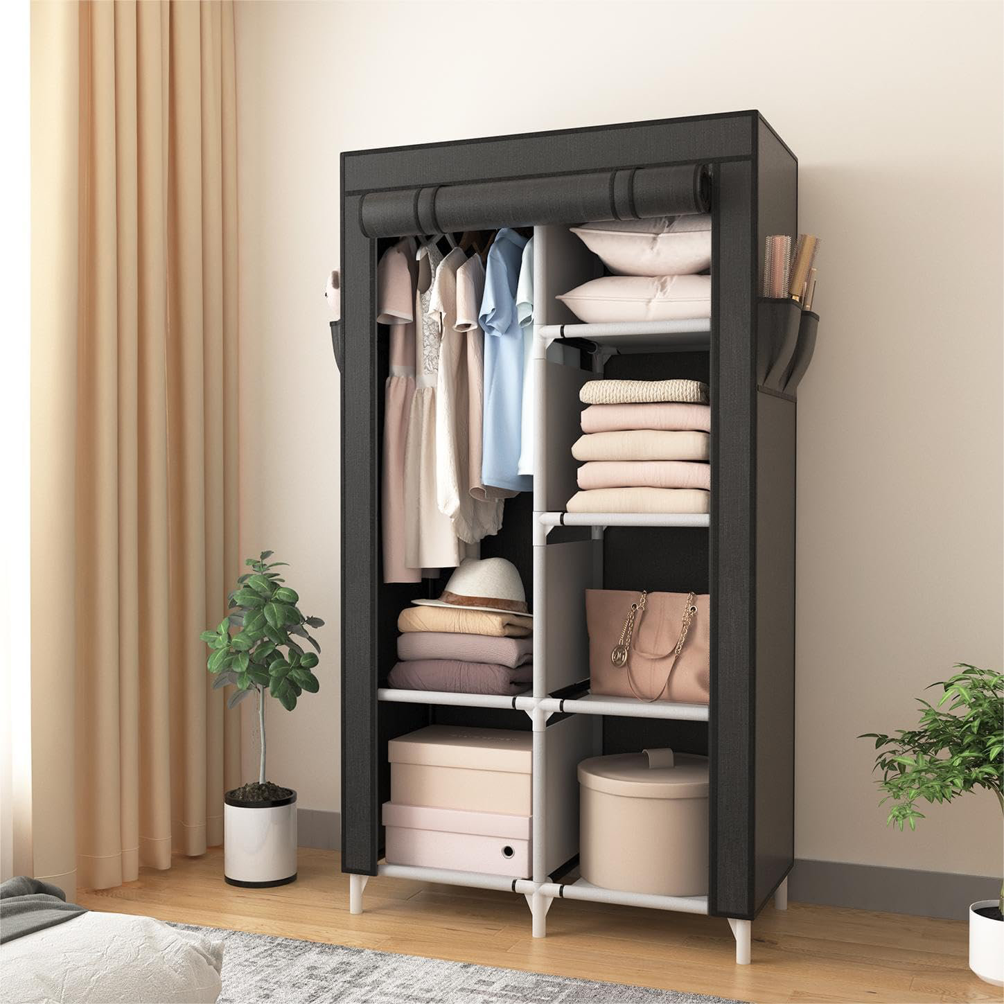 Rebrilliant Portable Closet Wardrobe Closet For Hanging Clothes With 6 ...