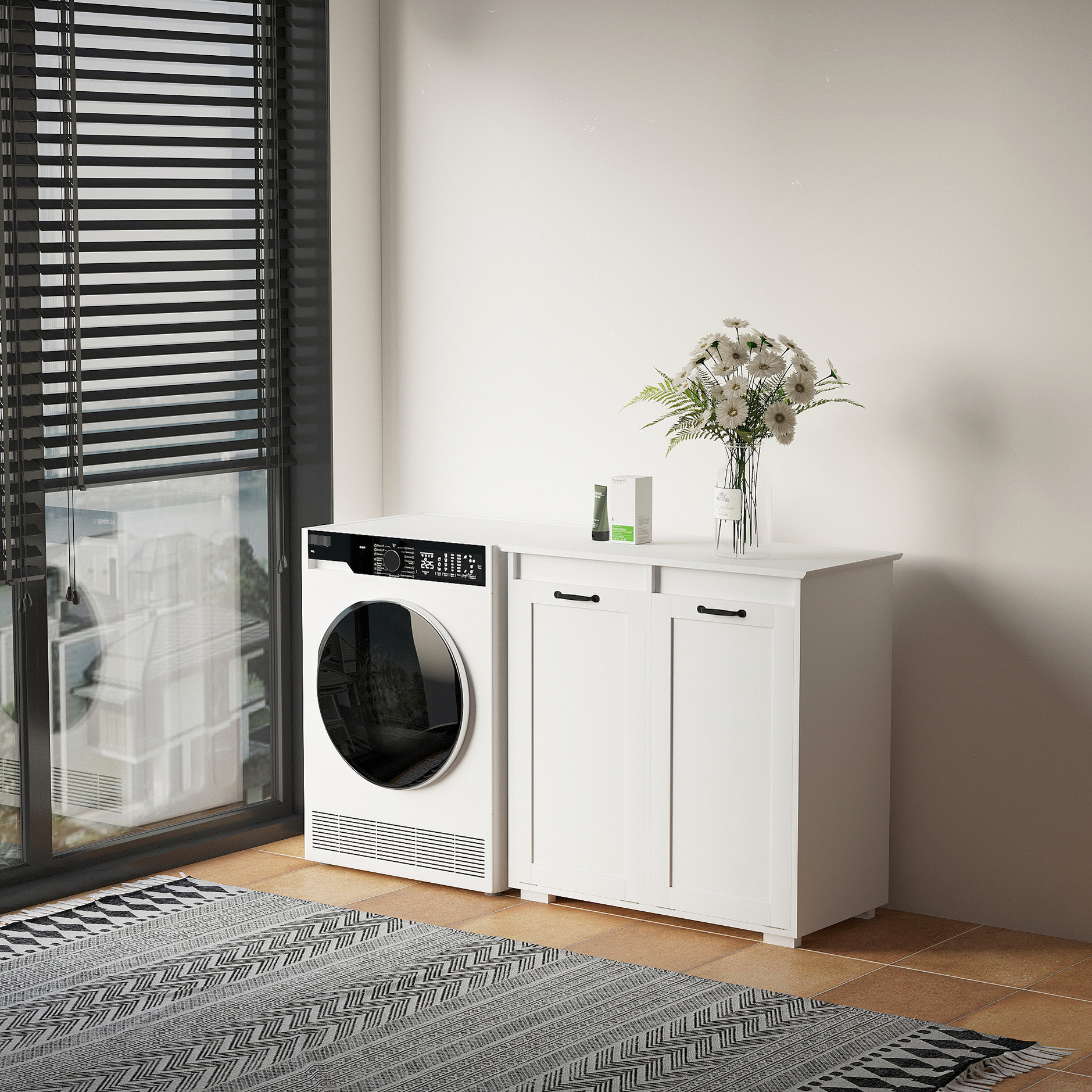 Ebern Designs Spacious Laundry Cabinet In White - 2 Removable Bags For ...
