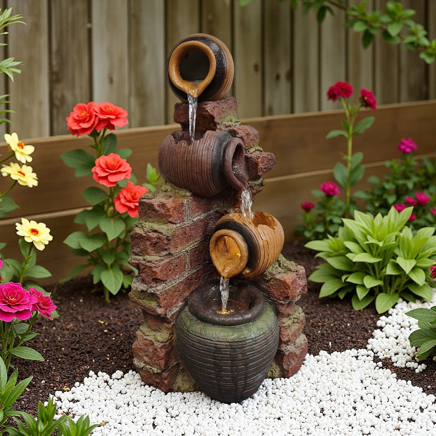 Bungalow Rose Tiered Pot Waterfall Fountain With Led Light – Rustic ...
