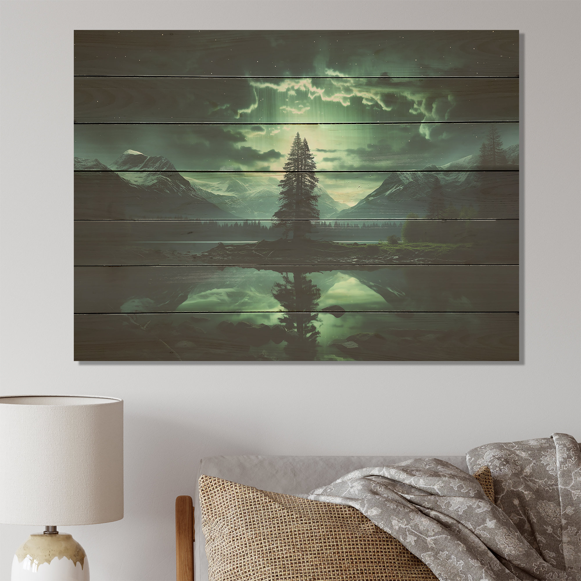 Millwood Pines Emerald Tree In Northern Lights II - Tree On Wood Print ...
