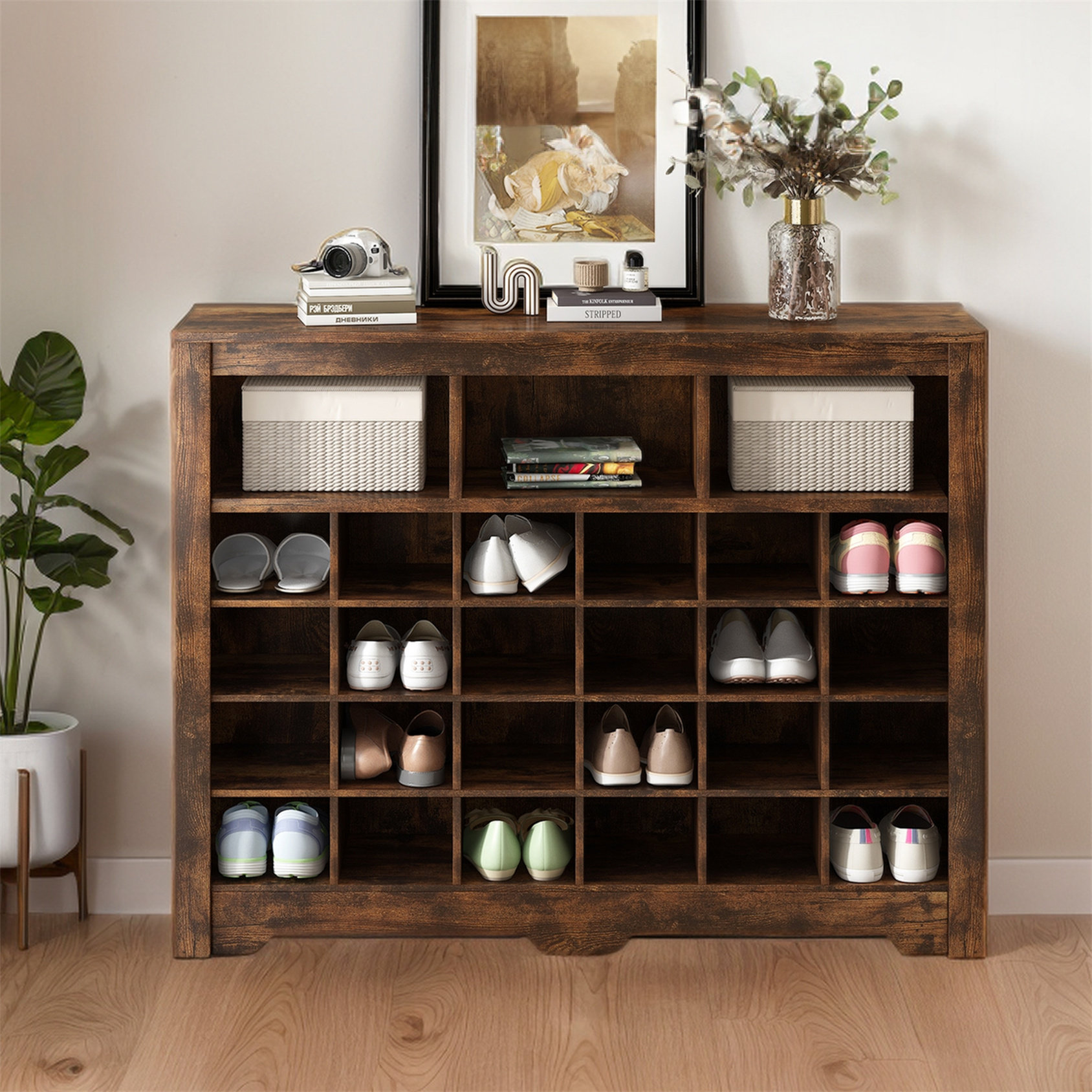 Loon Peak® Modern 24-Cubby Shoe Cabinet & Sideboard – Curved Base ...