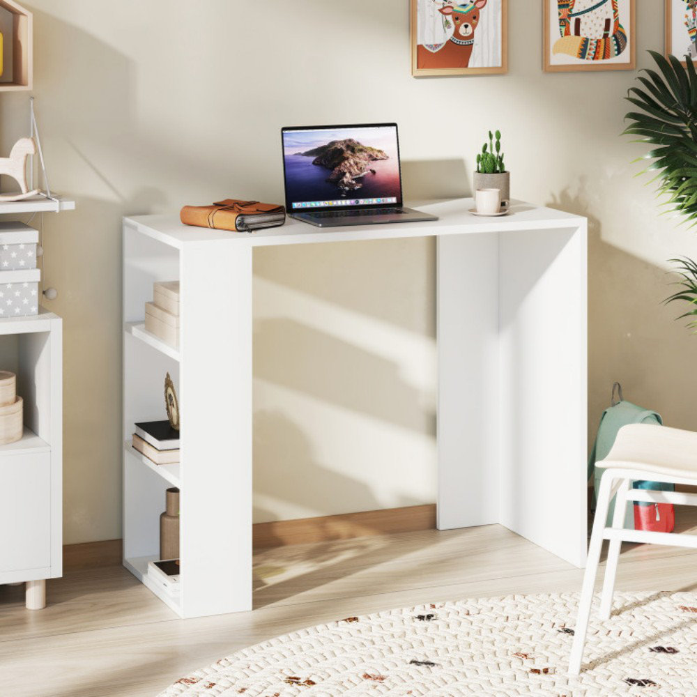 Ebern Designs 36 Inch White Computer Desk With 3 Open Shelves For Home ...