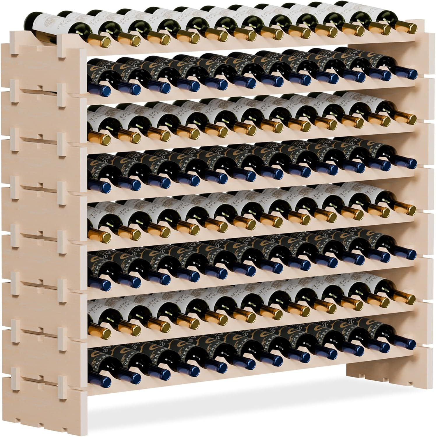 Rebrilliant 96 Bottles Stackable Modular Wine Rack, 8-Tier Wooden Wine ...