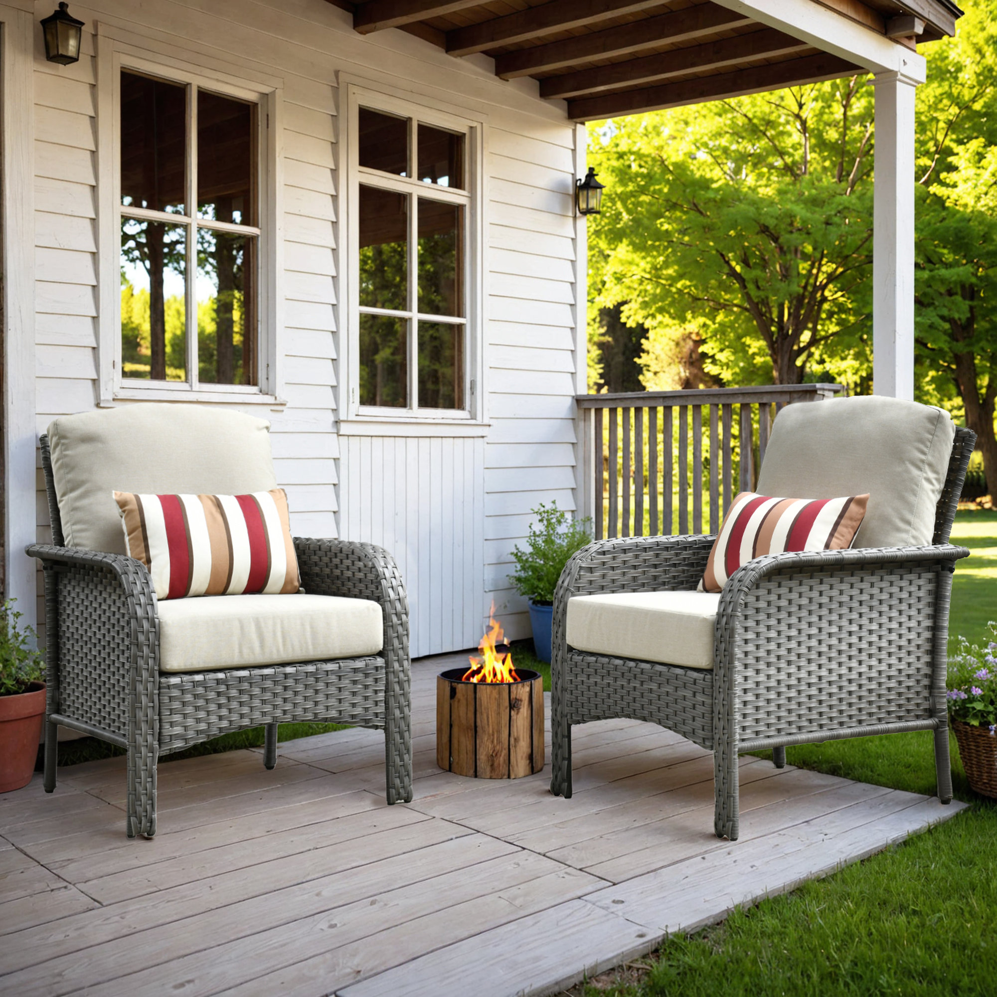 Winston Porter Rattan Patio Chair With Cushions (set Of 2) | Wayfair