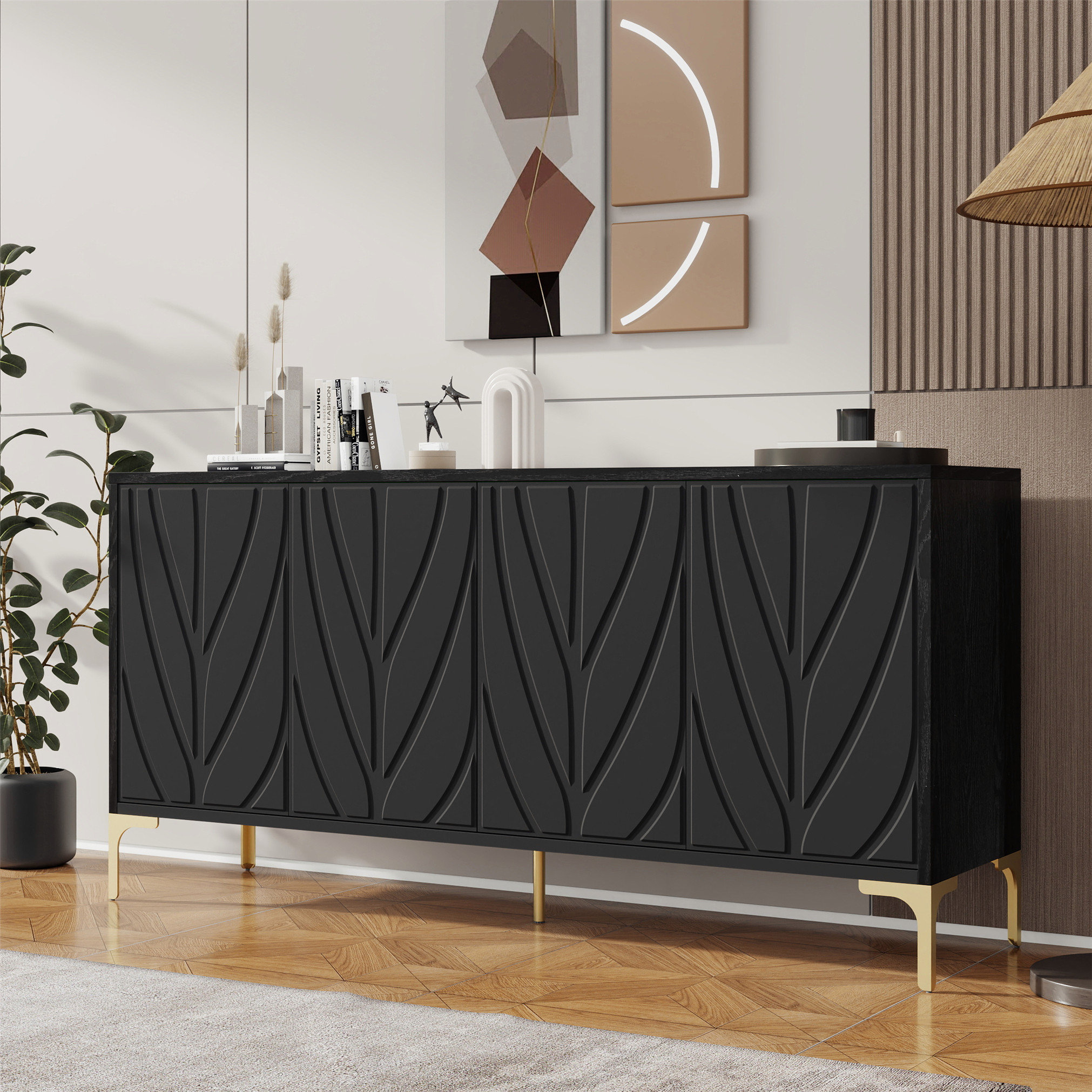Latitude Run® Modern Black 60 Inch Sideboard Buffet with Handleless ...